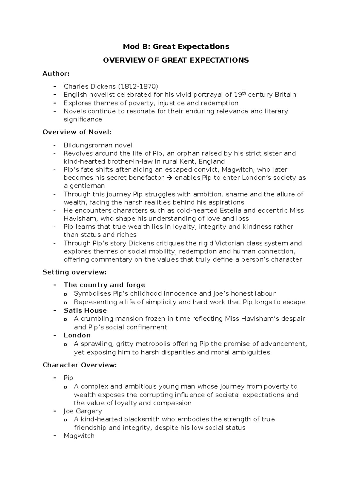 Mod B: Great Expectations Full Study Notes and Analysis - Studocu