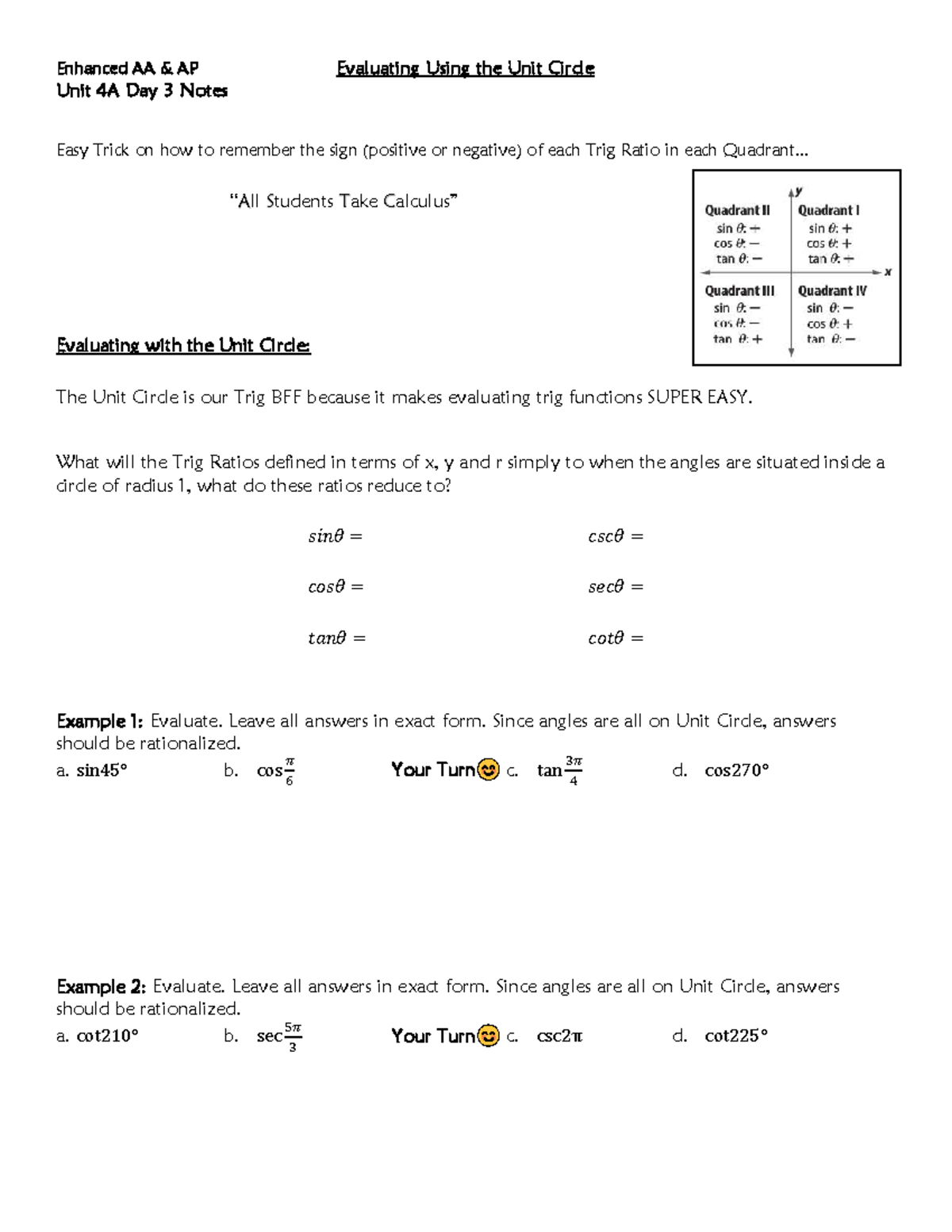 Evaluating Trig Ratios with the Unit Circle: AA AP Unit 4A Notes - Studocu
