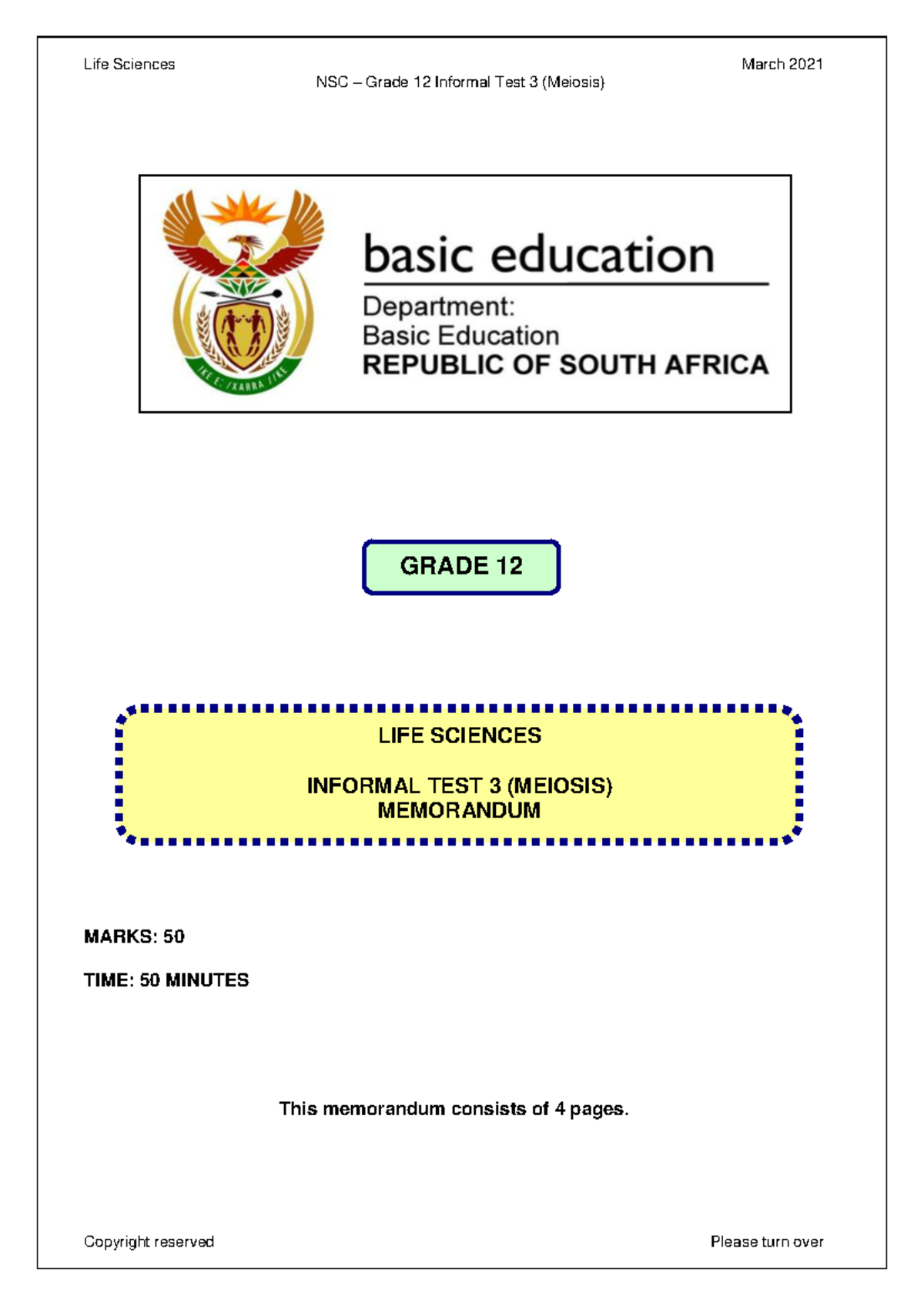Meiosis Informal Test 3 MEMO - Life Sciences NSC Grade 12 - Studocu