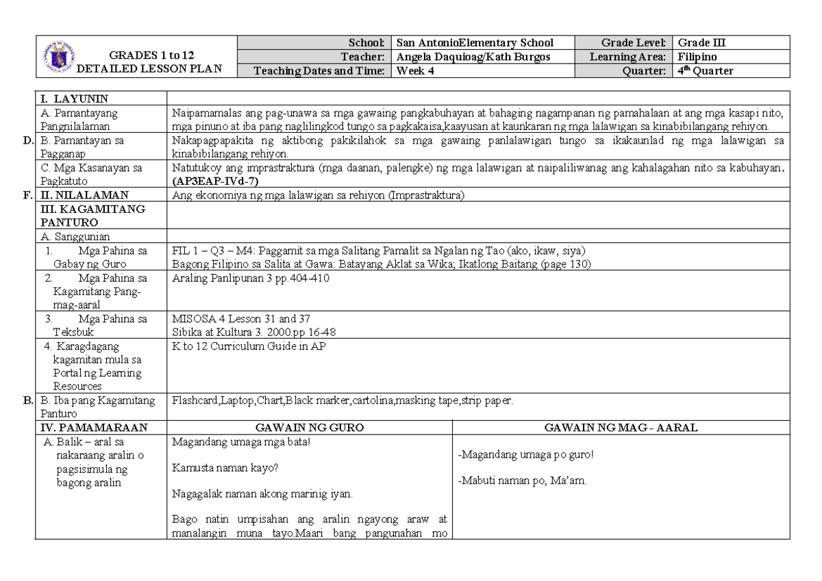 Detailed lesson plan for Filipino grade 1 - 4th quarter (SSC-1-DLP) - Studocu