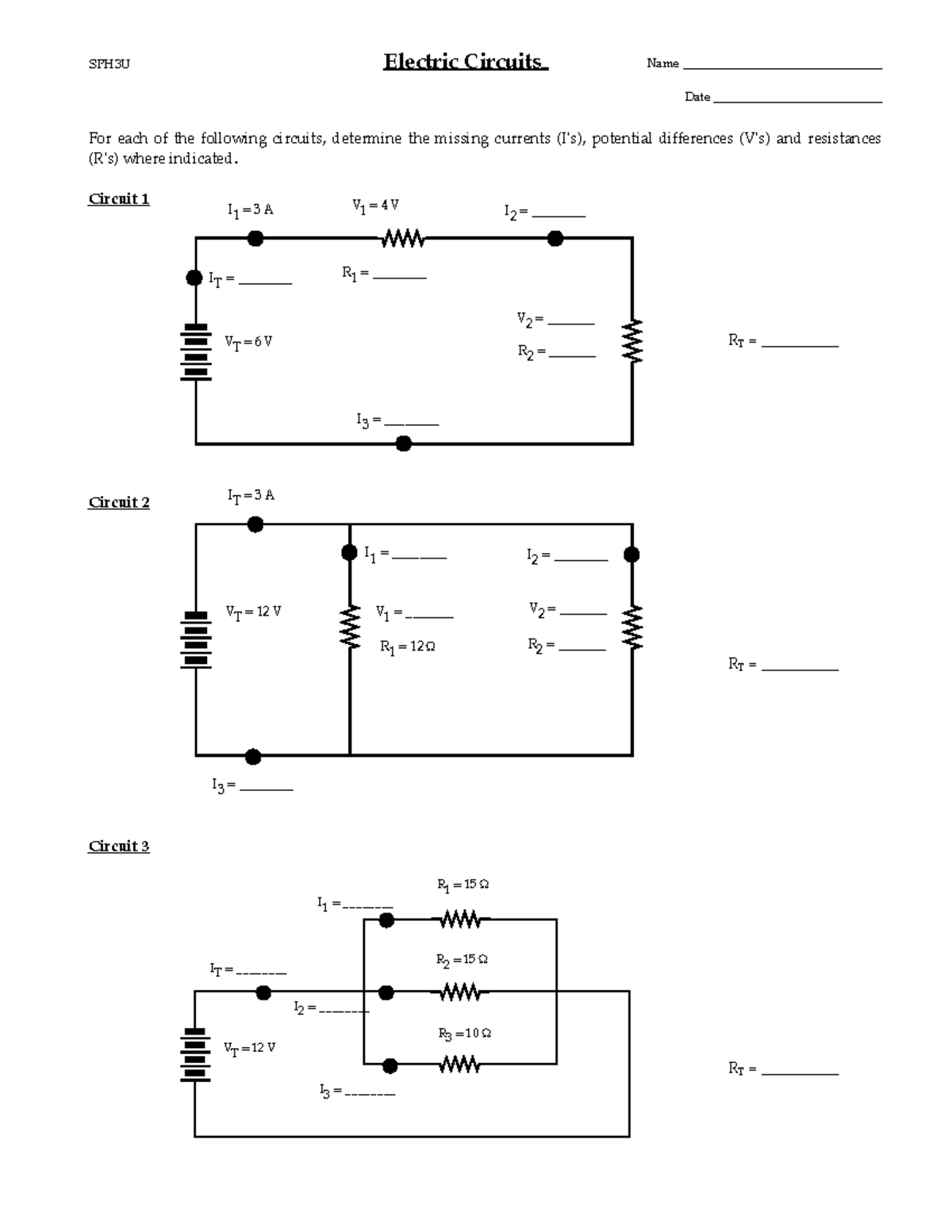 Electric Circuits Practice Problems SPH3U - Studocu