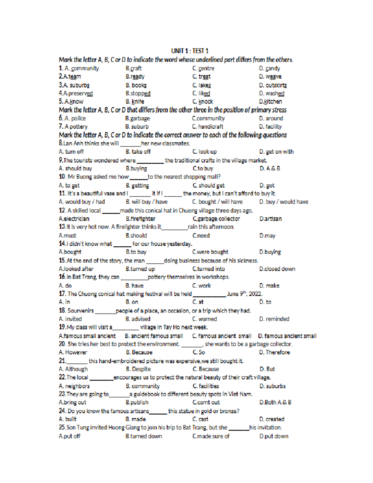 TA9 Unit 1: Test 1 - Vocabulary and Grammar Questions - Studocu