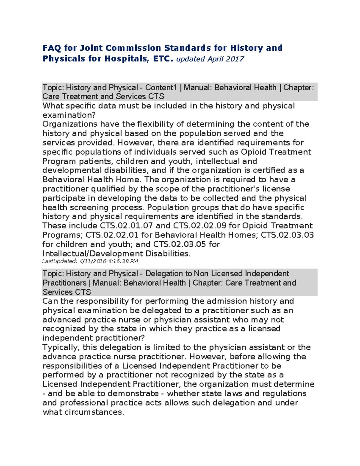 4 - FAQ on Joint Commission Standards for History and Physicals - Studocu