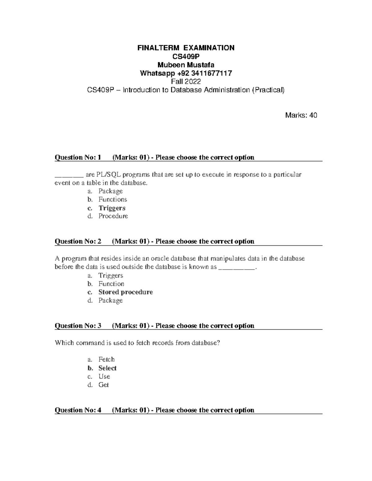 Final Term Exam Questions and Answers for CS409P Database Administration - Studocu