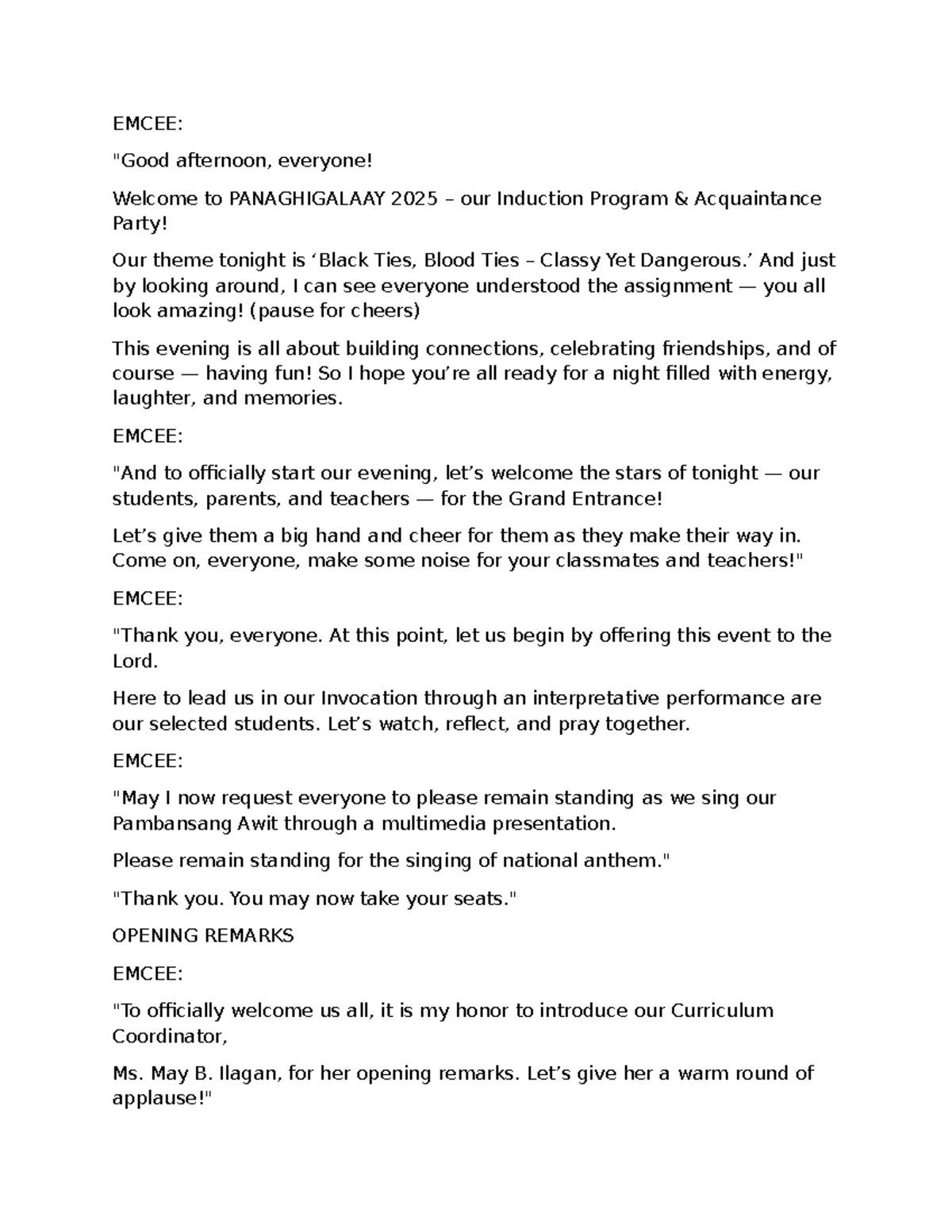 EMCEE: Acquaintance Party Script for PANAGHIGALAAY 2025 - Studocu