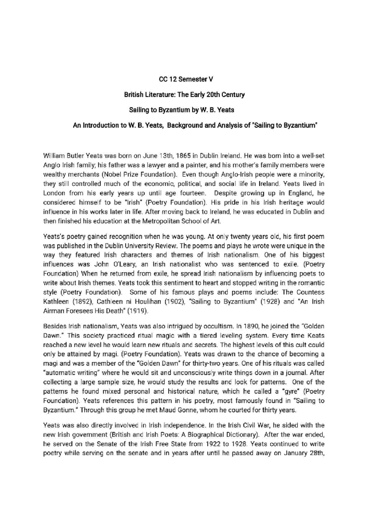 CC 12 Semester V British Literature: Analysis of "Sailing to Byzantium ...