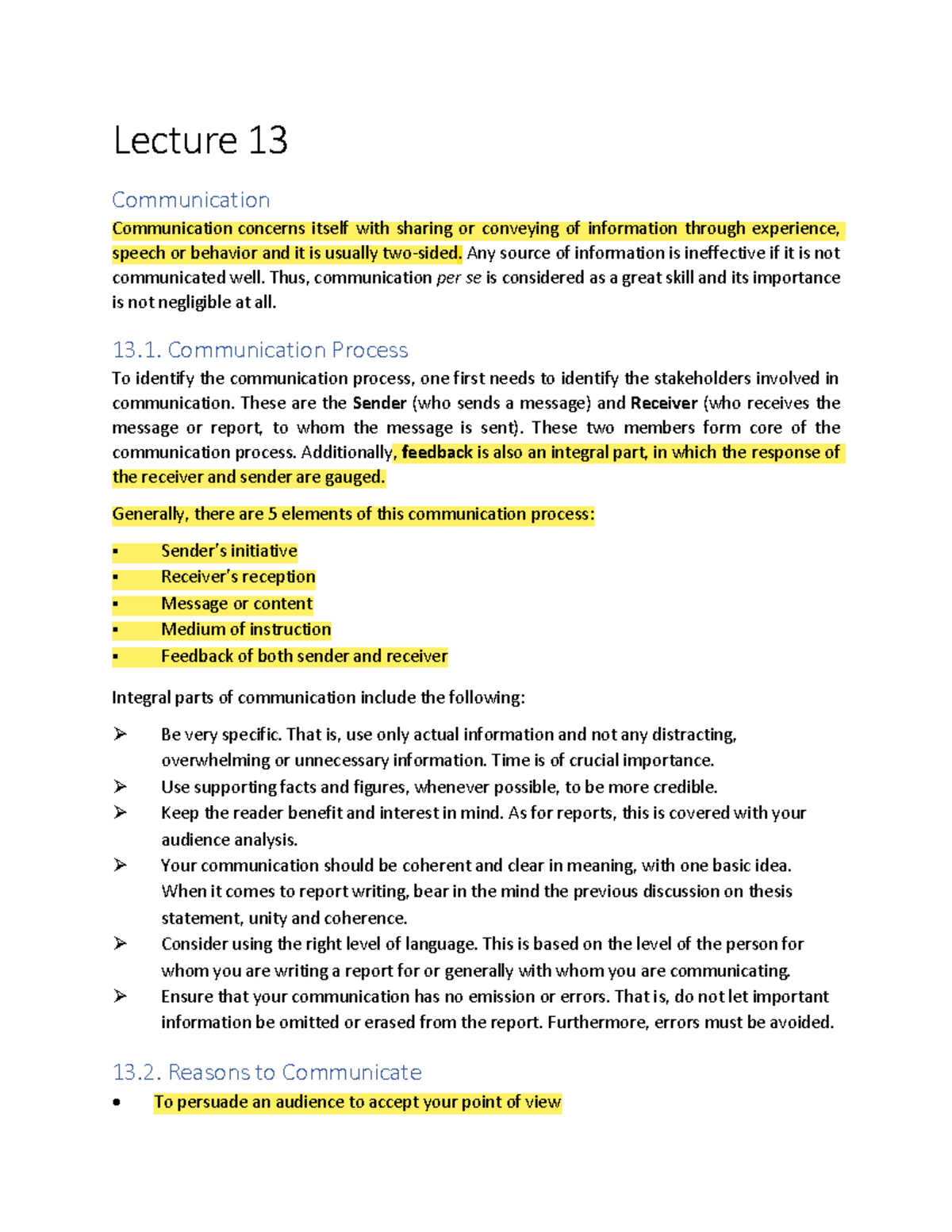 HUM102 Lecture Handouts: Effective Communication (Lecture 13) - Studocu