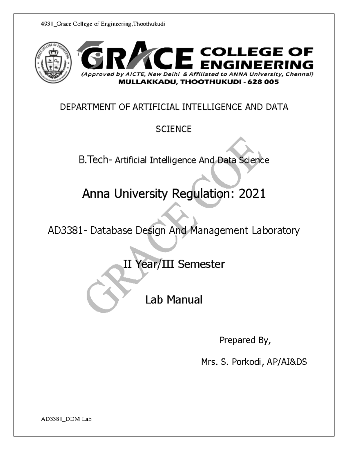AD3381_DDM Lab Manual: Database Design & Management Techniques - Studocu