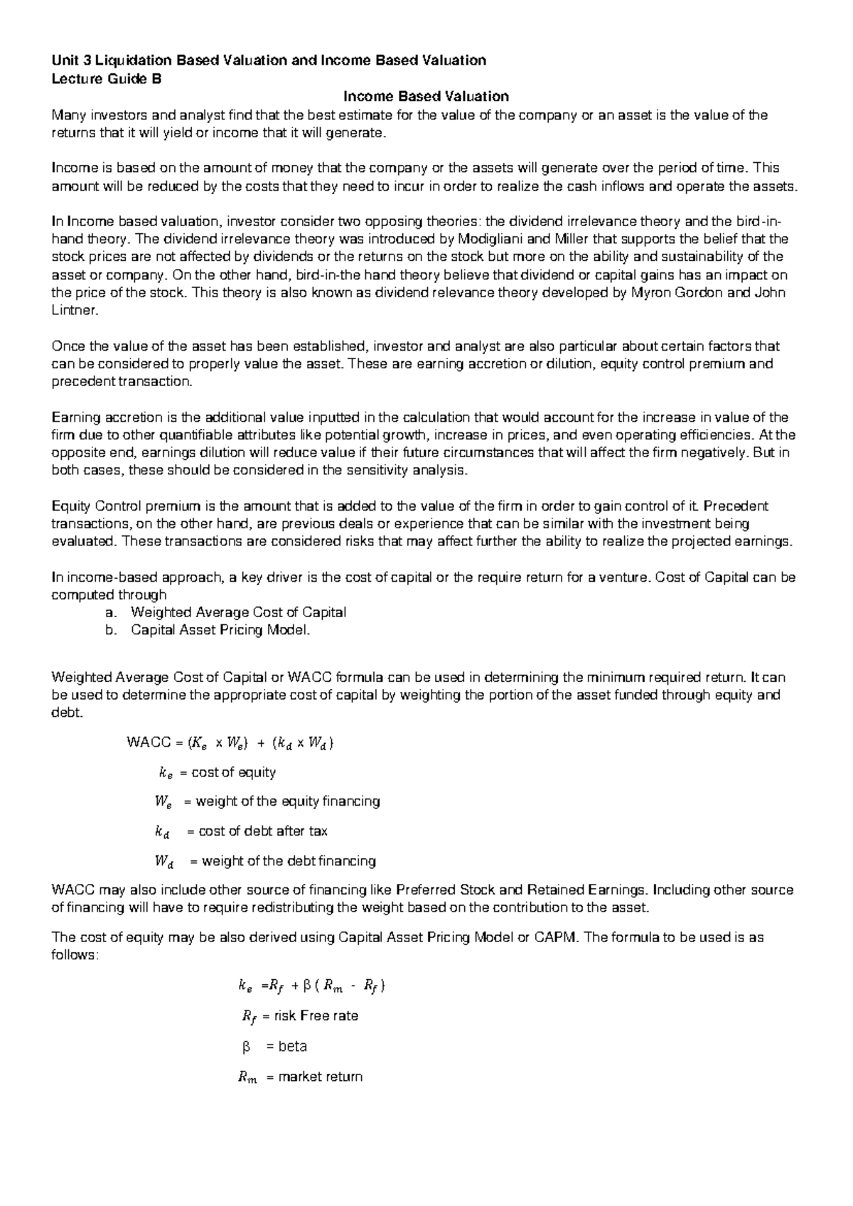 Lecture Guide B: Unit 3 on Liquidation & Income-Based Valuation ...