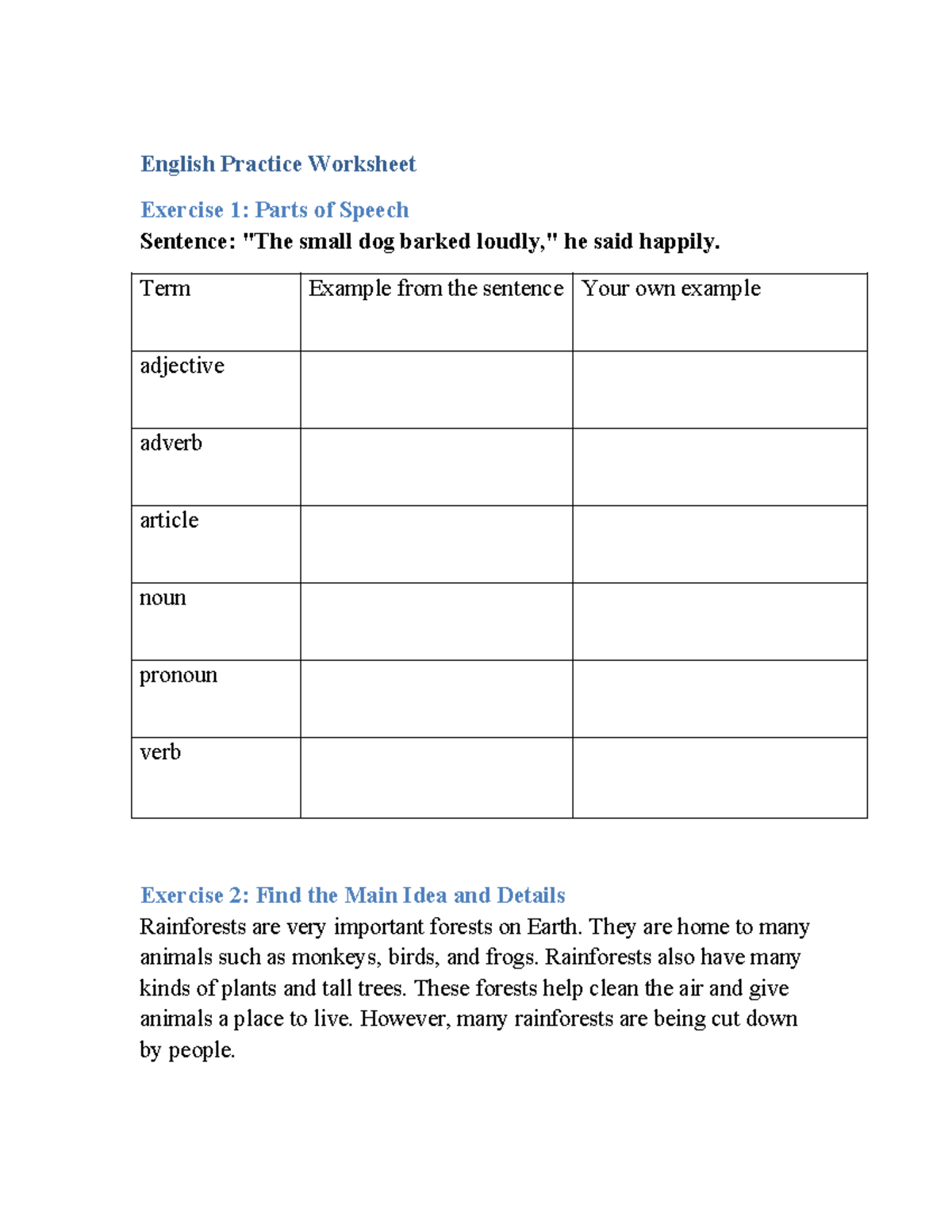 English practice worksheet - English Practice Worksheet Exercise 1 ...