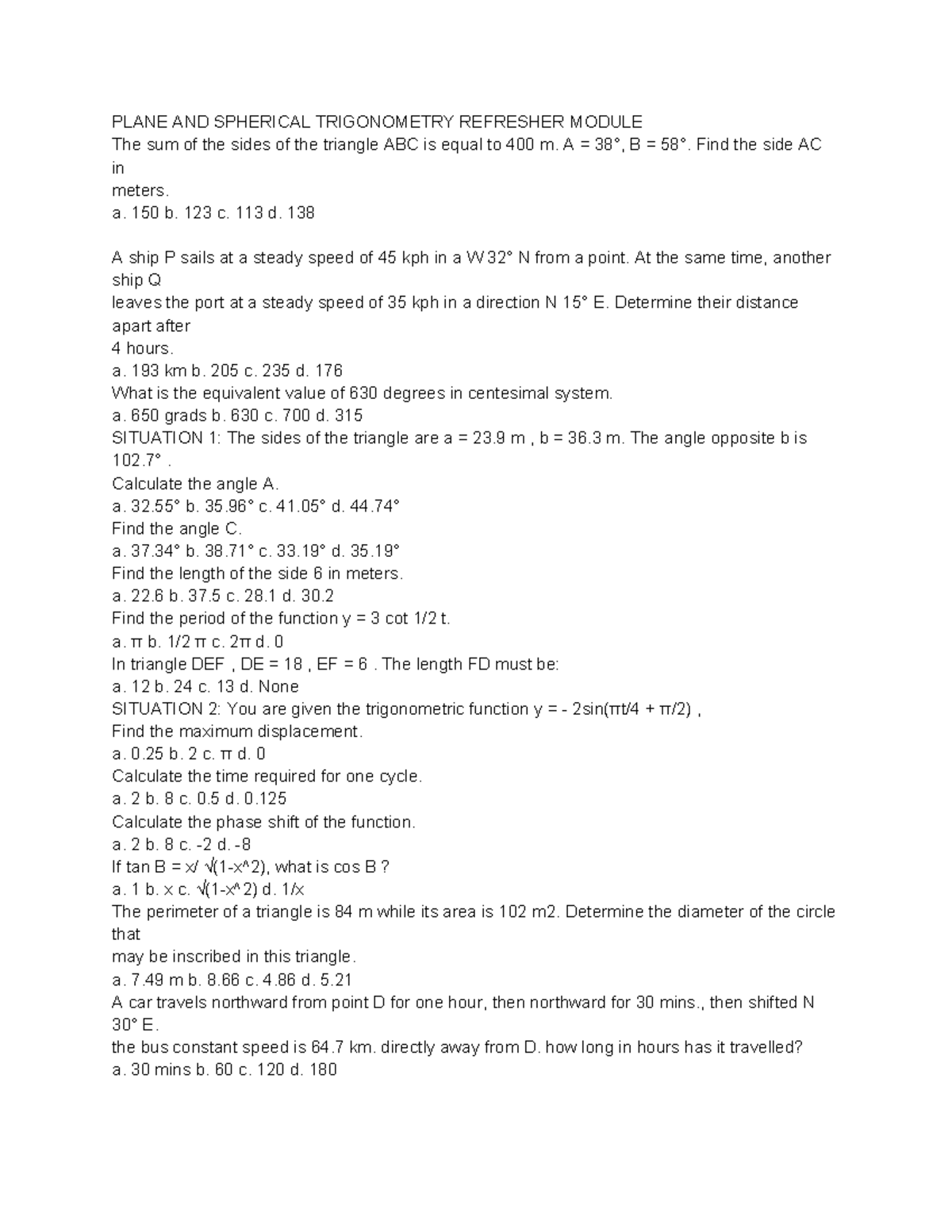 Plane AND Spherical Trigonometry Refresher Module - PLANE AND SPHERICAL ...