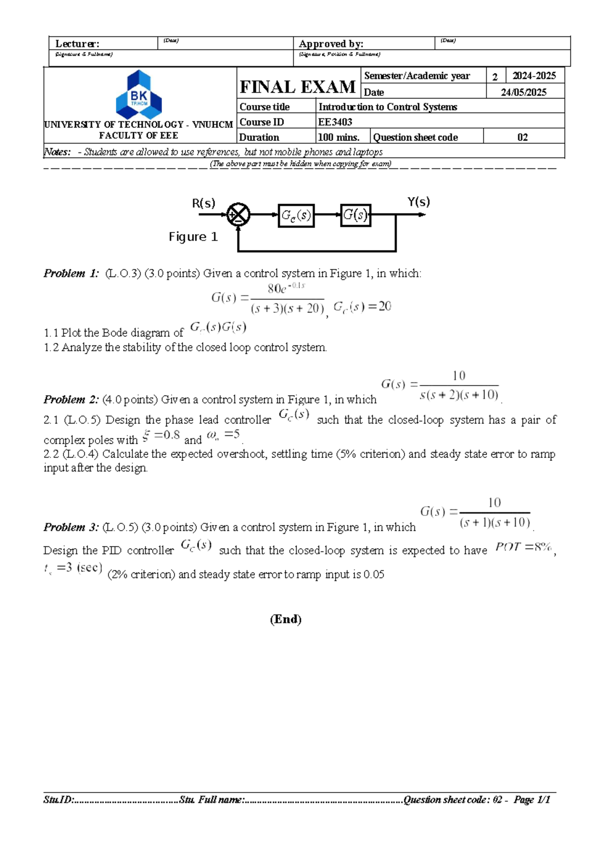 EE3403 Introduction to Control Systems Final Exam Semester 242 - Studocu