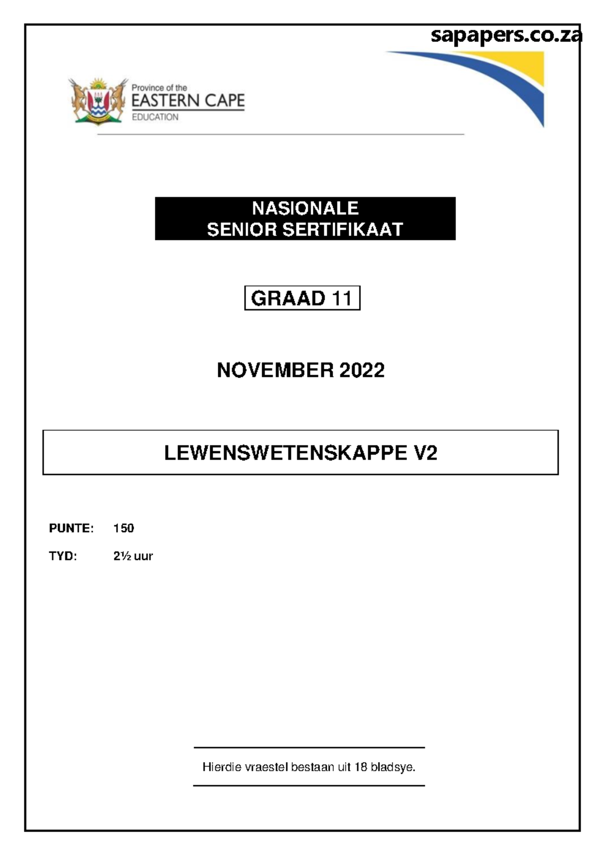 LEWENSWETENSKAPPE V2 GRAAD 11 NOVEMBER 2022 VRAESTEL P2 - Studocu