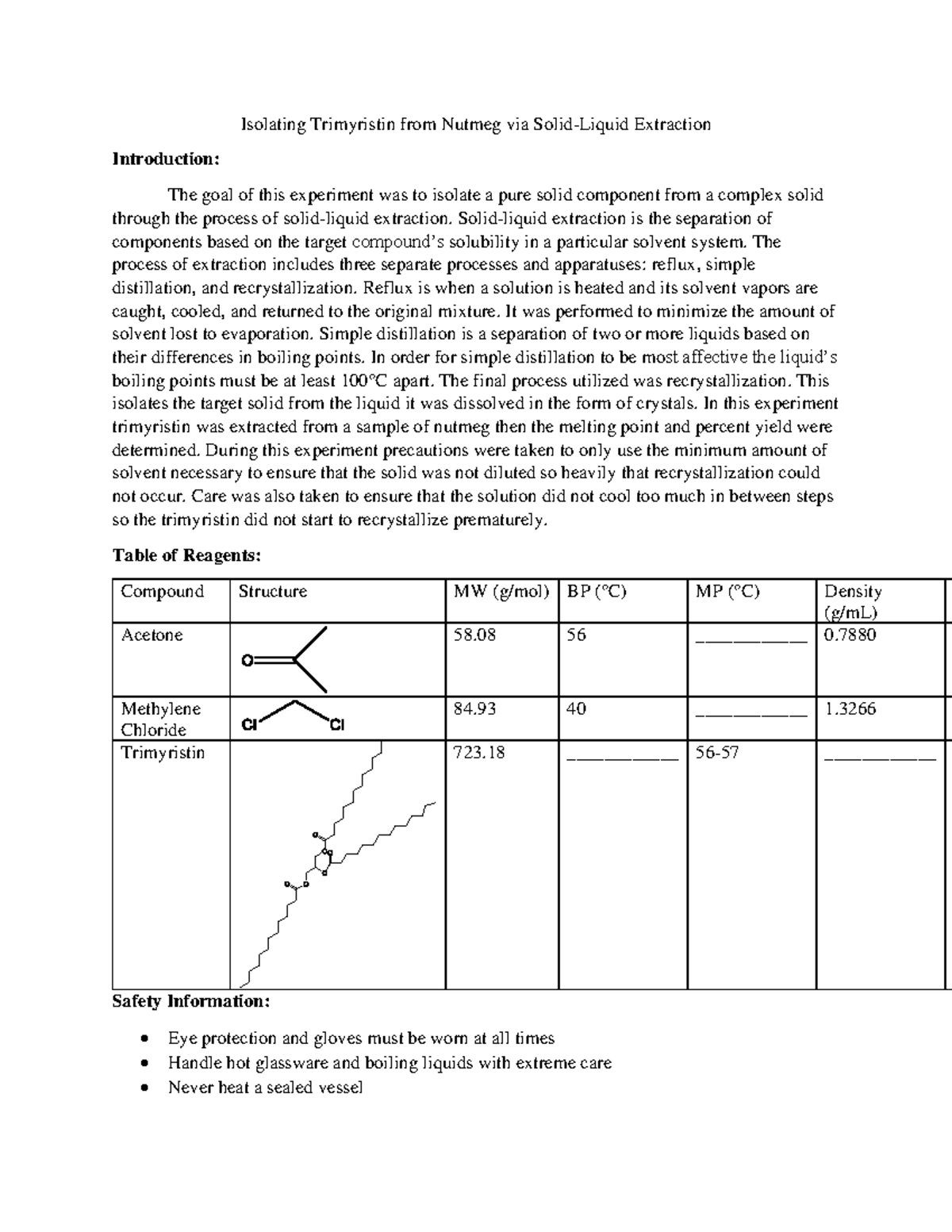 Extraction Lab Report - Isolating Trimyristin from Nutmeg via Solid ...