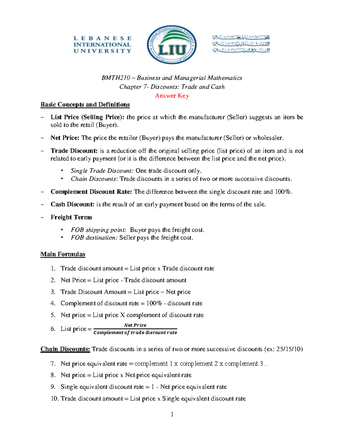 BMTH210 - AK - Worksheet 6: Chapter 7 Discounts Answer Key - Studocu