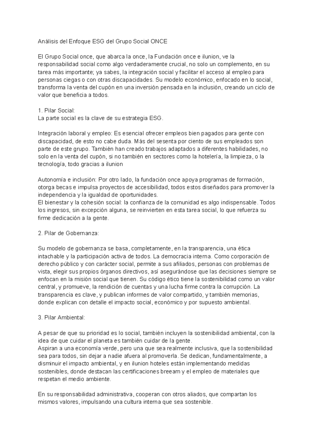 ONCE - Análisis del Enfoque ESG y su Impacto Social y Ambiental - Studocu