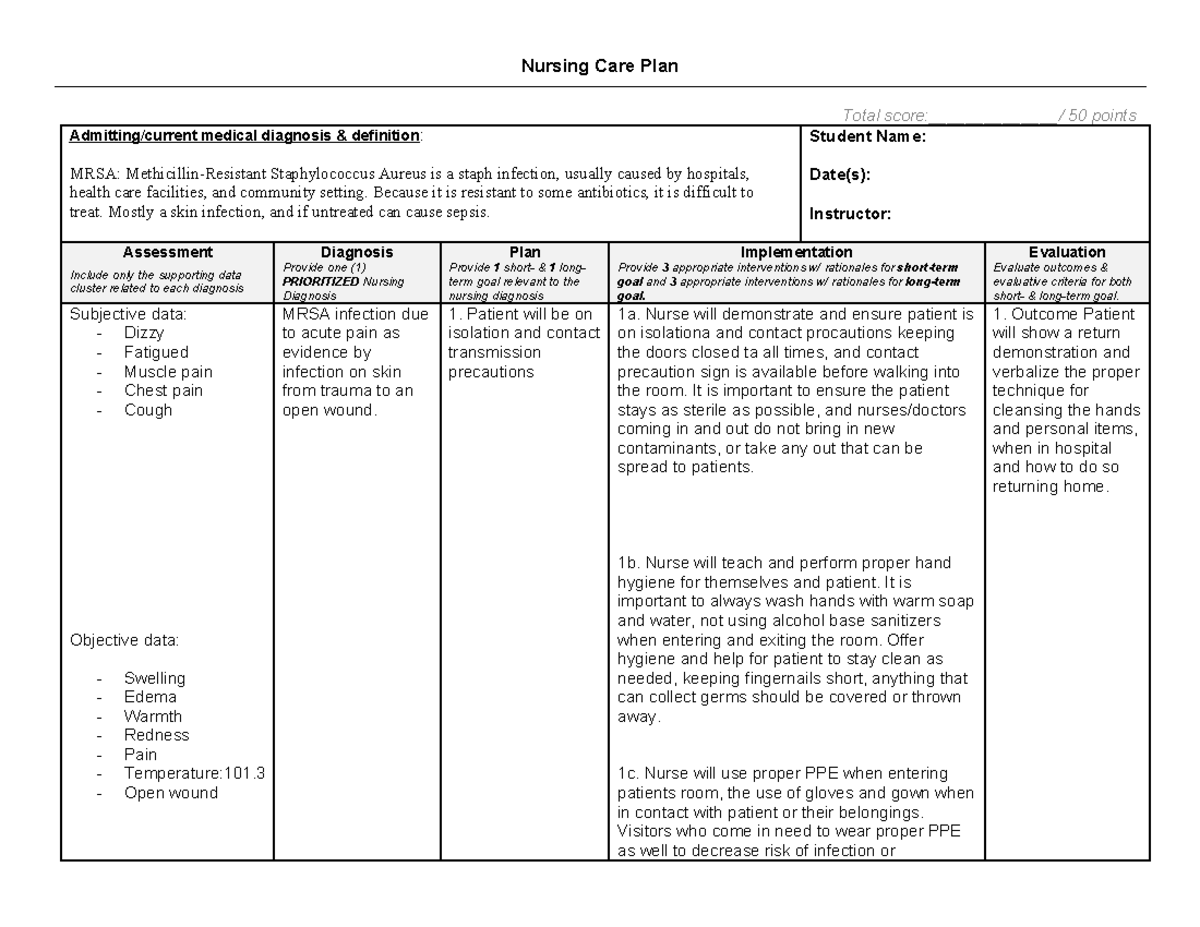 MRSA Care Plan - Nursing Diagnosis & Interventions for 50 Points - Studocu