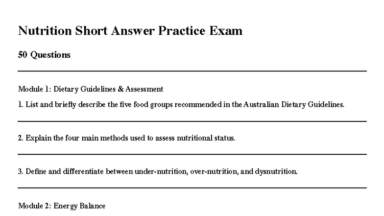 Nutrition Short Answer Practice Exam - Questions Only - Nutrition Short ...