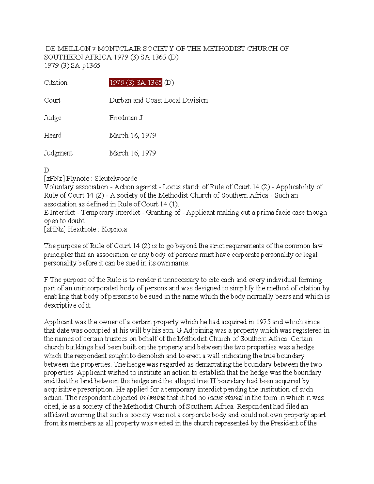 Analysis of DE Meillon v Montclair Society of the Methodist Church ...