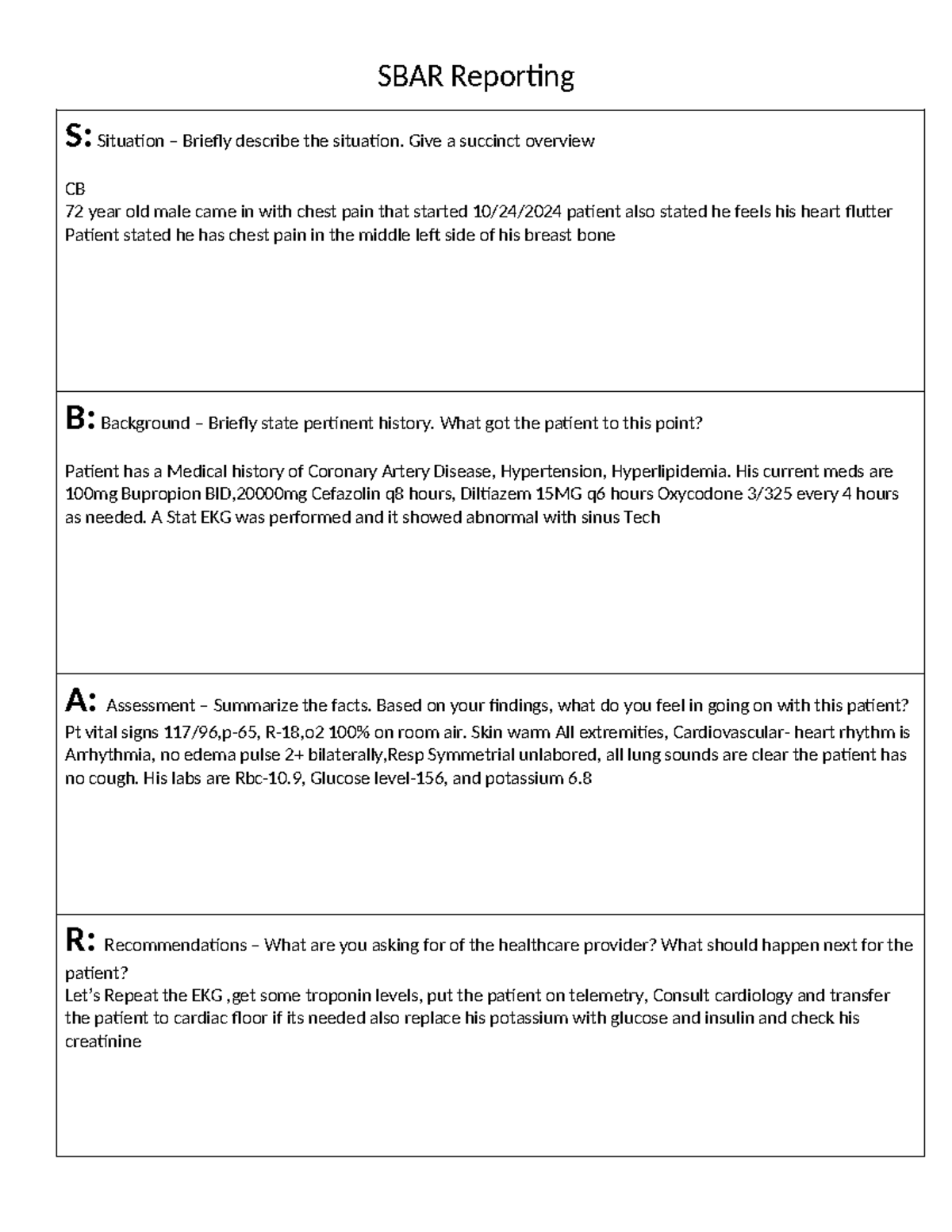 SBAR Report: 72-Year-Old Male with Chest Pain & Arrhythmia - Studocu