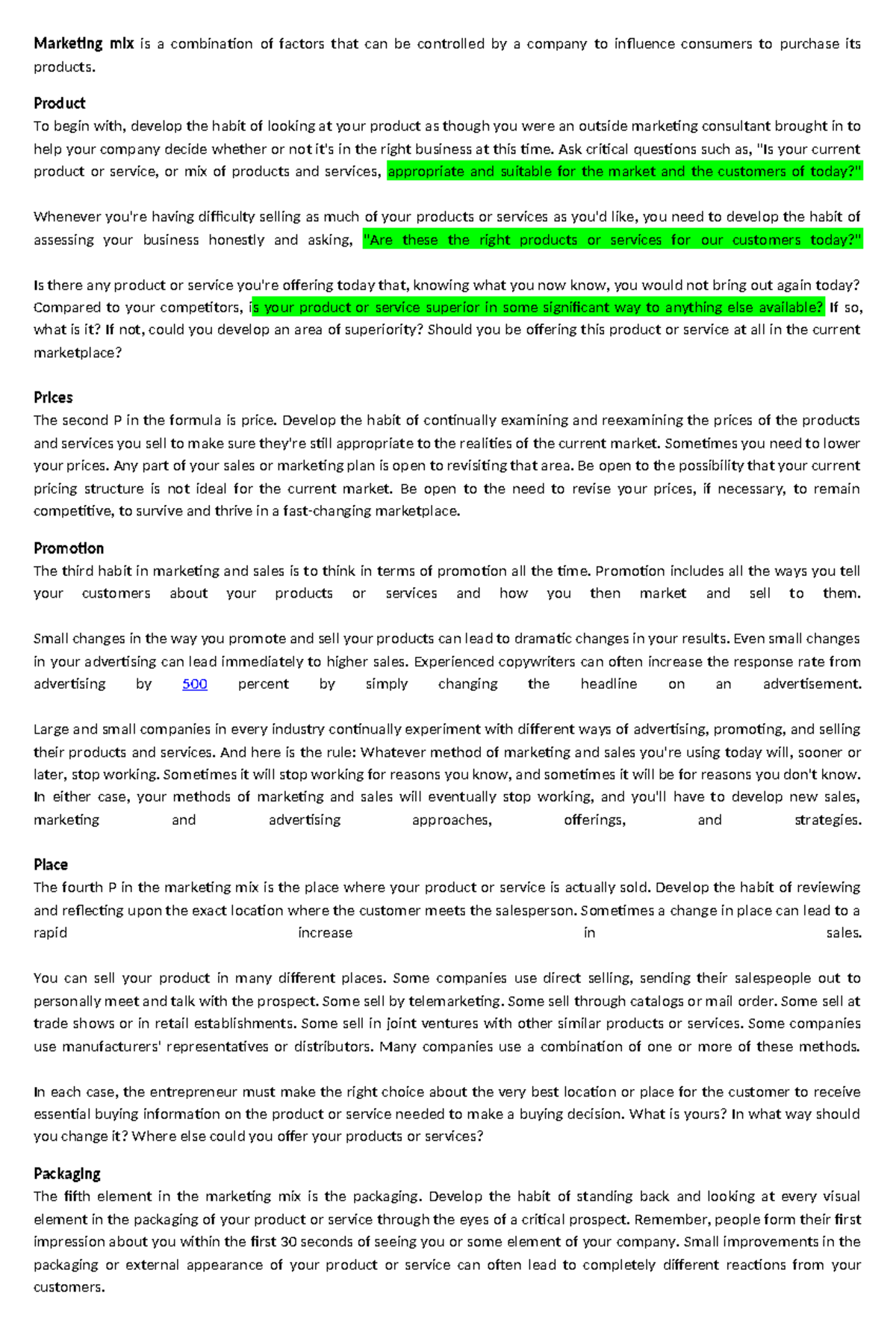 Entrep-HAND-OUTS: Understanding the Marketing Mix Elements - Studocu