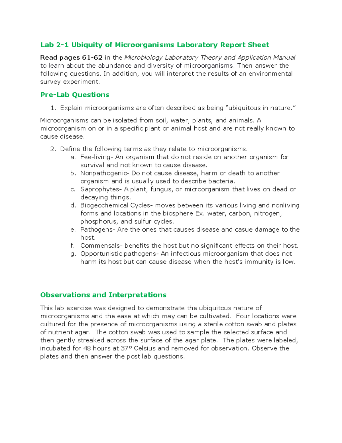 Lab 2-1 Microorganisms Ubiquity - Laboratory Report Sheet - Studocu
