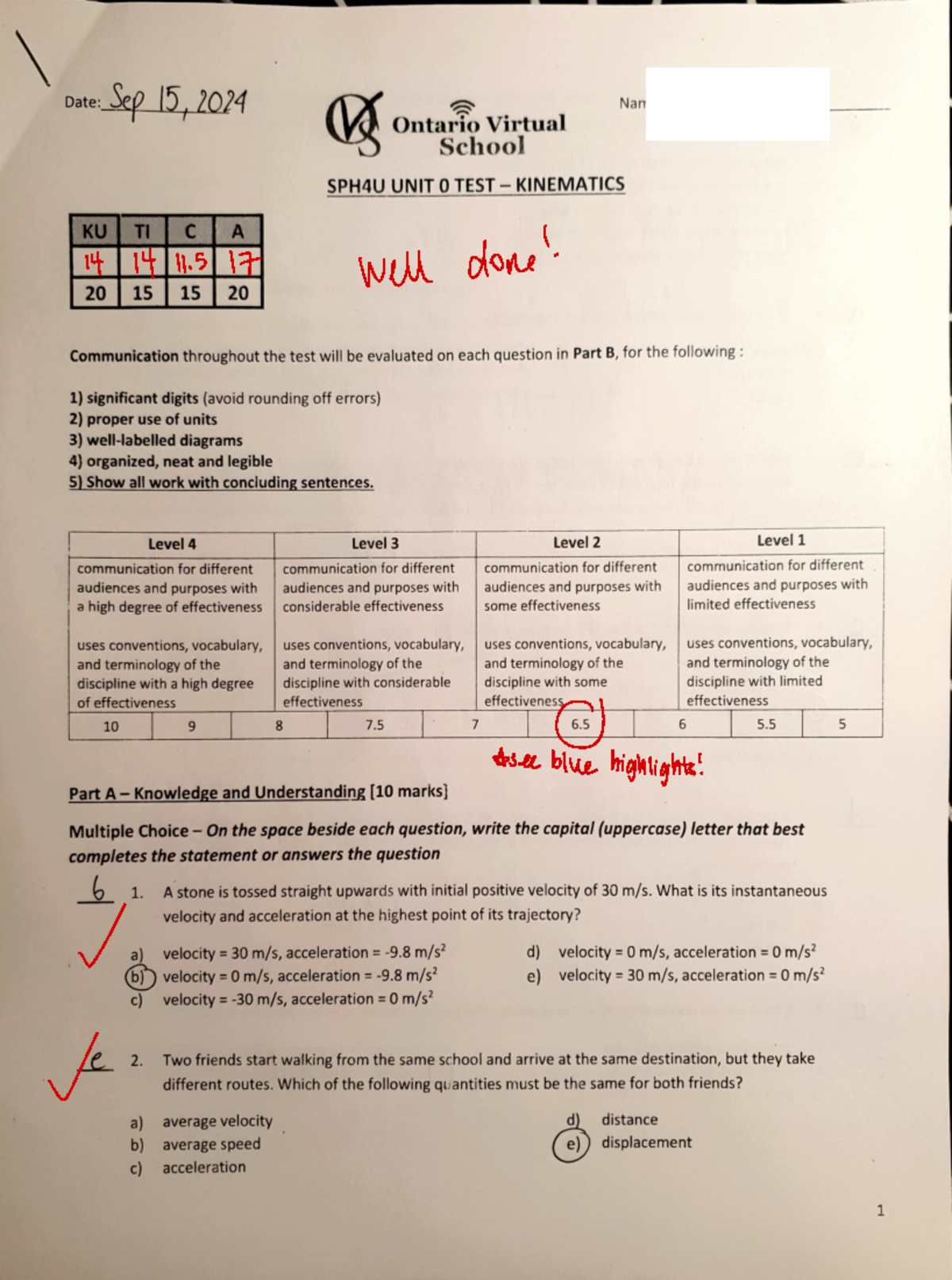 SPH4U Unit 0 Test on Kinematics Summative Evaluation - Mylvaganam - Studocu