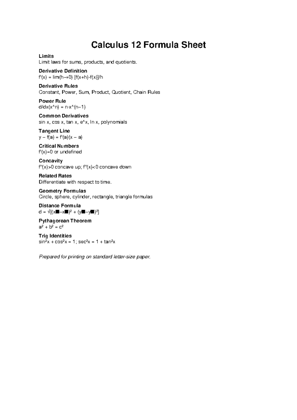 Calculus 12 Formula Sheet - Calculus 12 Formula Sheet Limits Limit laws ...