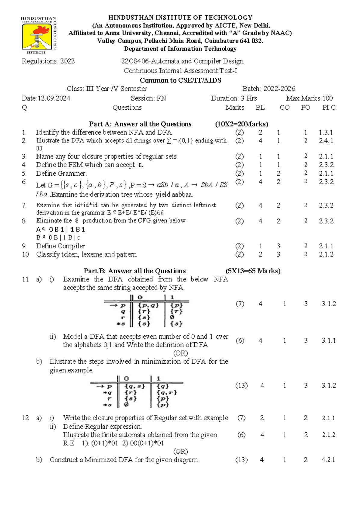 Compiler Design Continuous Internal Assessment - ACD INT 1 Notes - Studocu