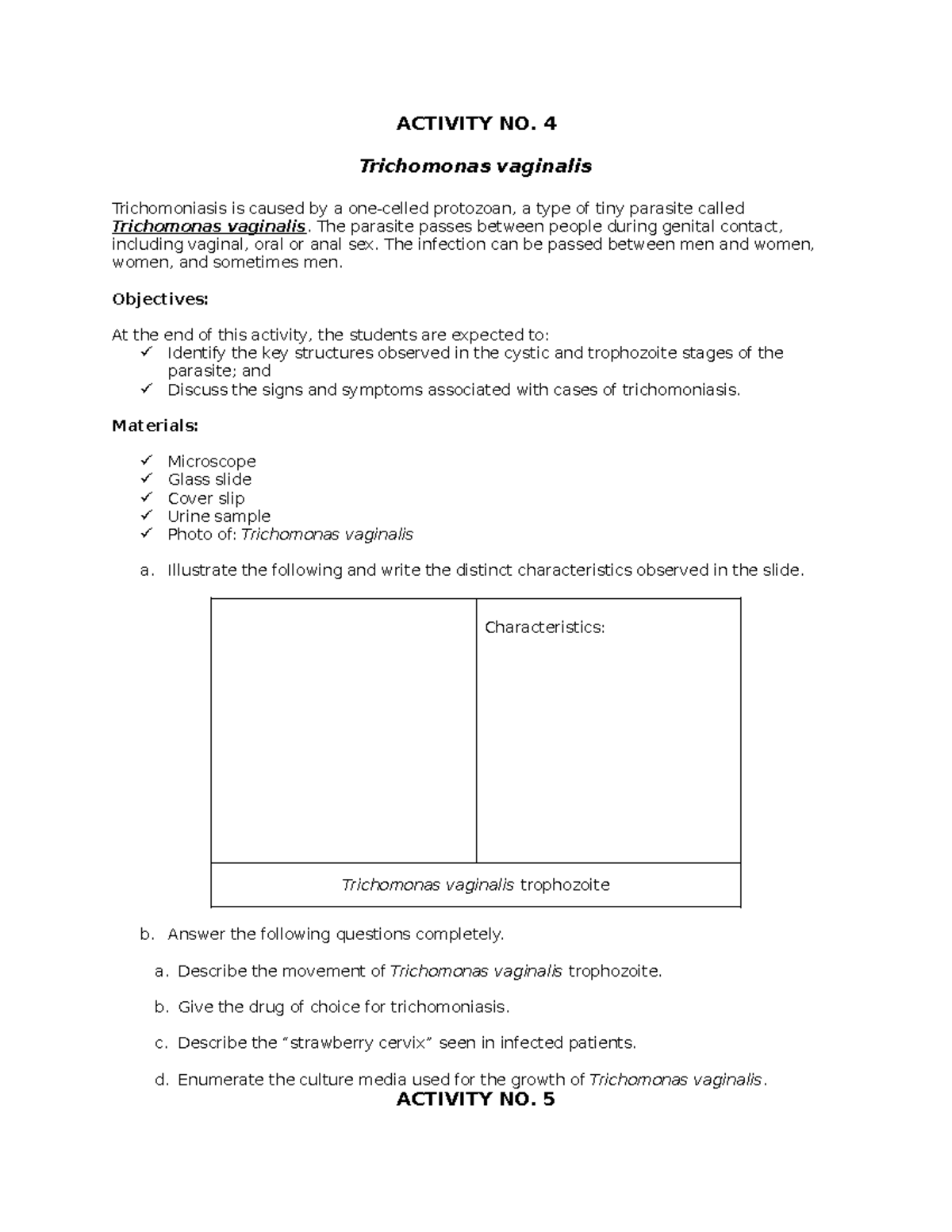Med Bio 4 Lab Activities: Trichomonas, Hemoflagellates & Balantidium ...