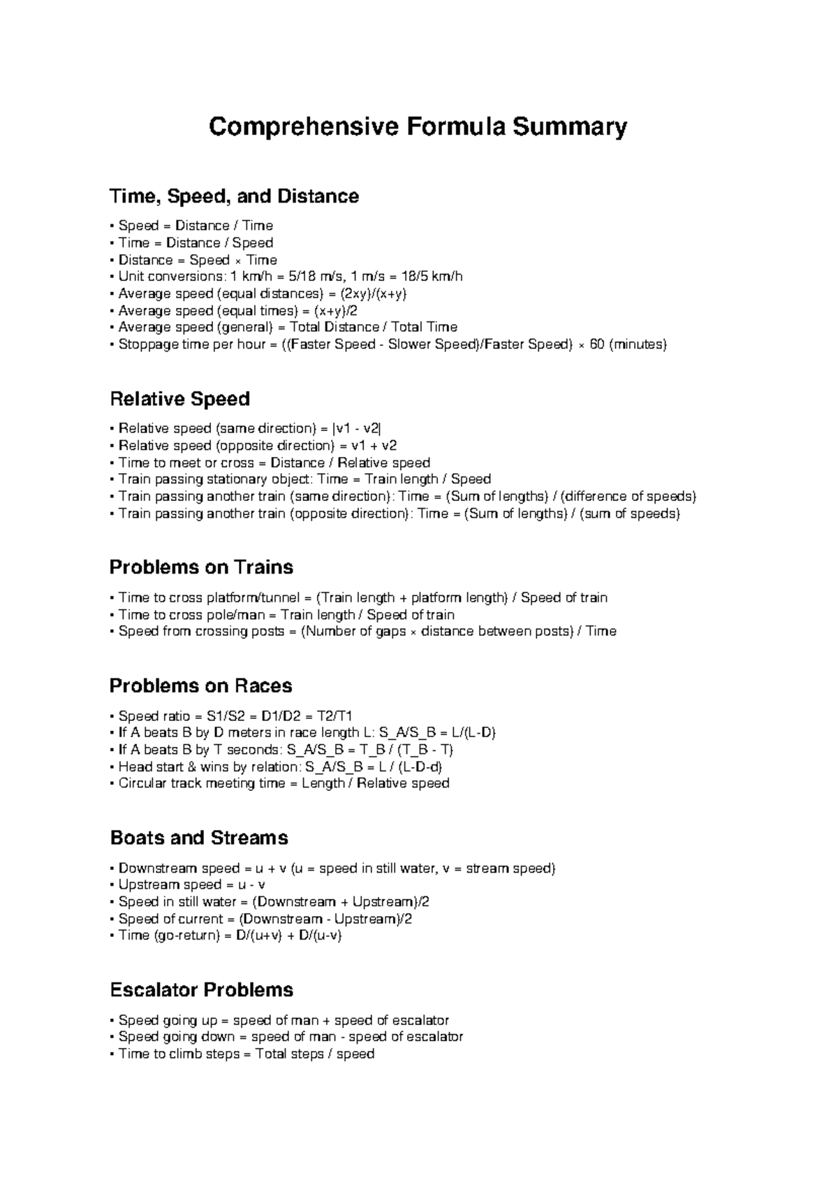 Comprehensive Formula Summary for Time, Speed, and Distance - Studocu