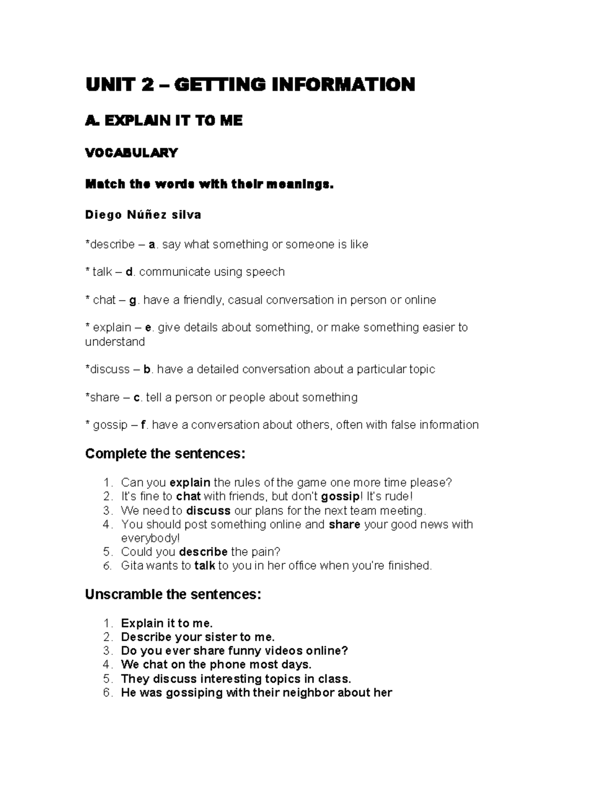 UNIT 2: VOCABULARY & CONVERSATION SKILLS EXERCISES - Studocu