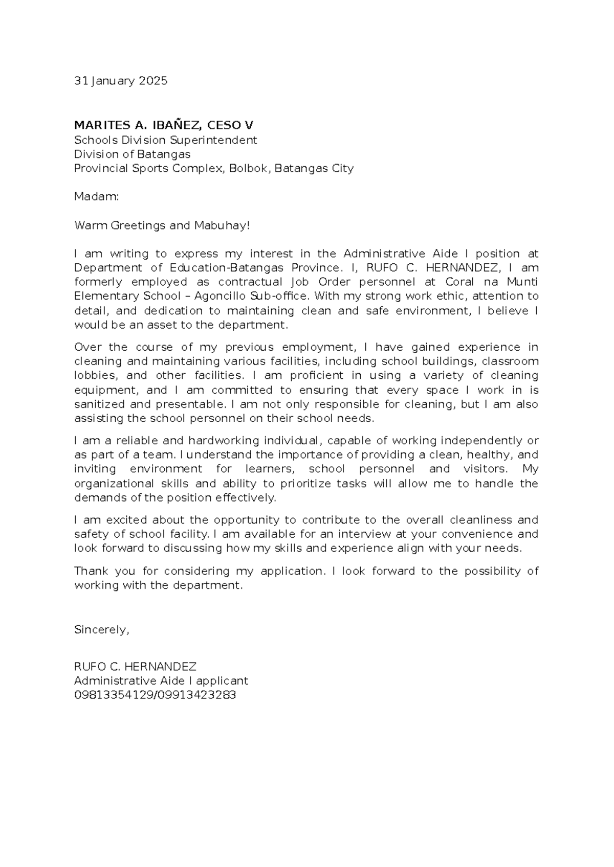 Letter of Intent for Administrative Aide I Position Application - Studocu