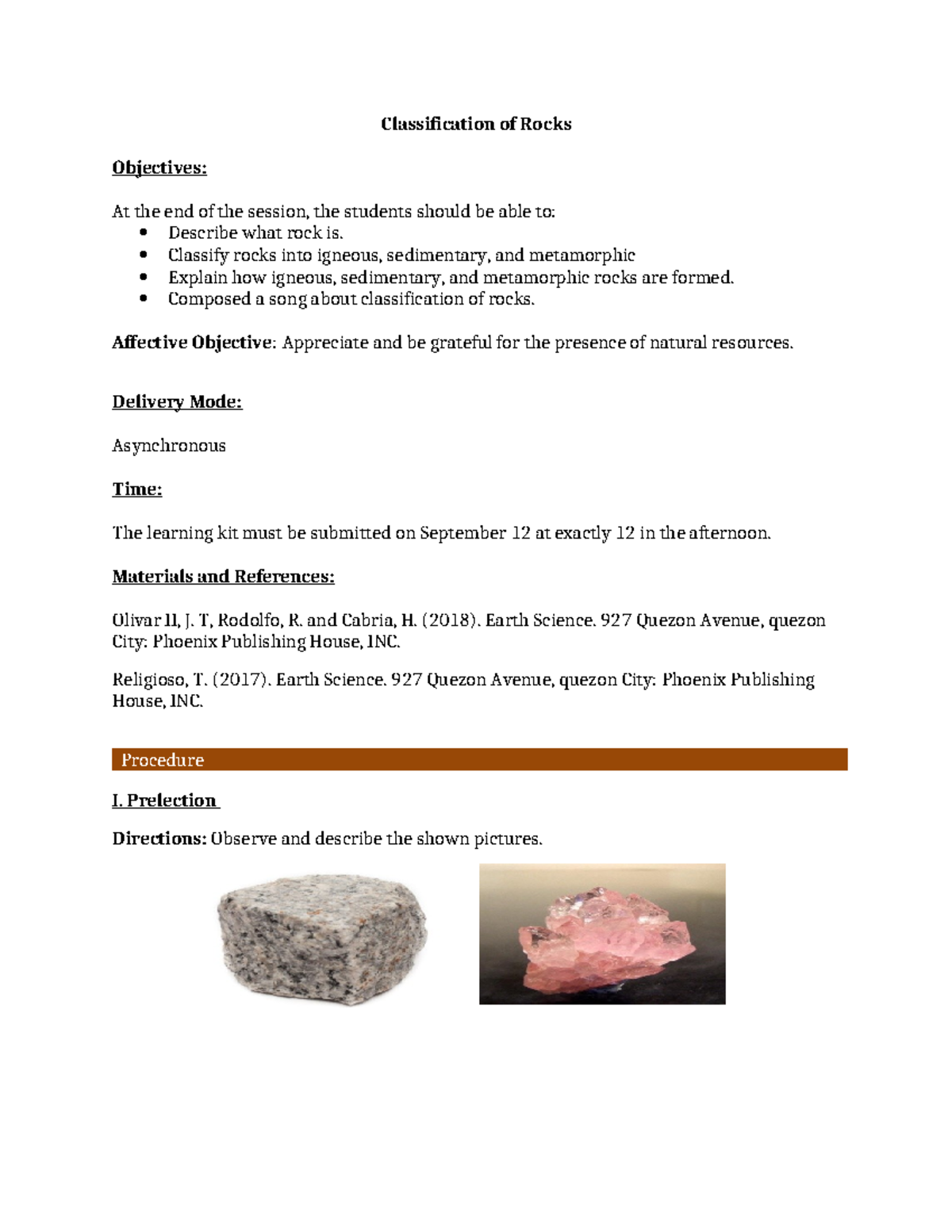 Earth Science Lesson Plan Week 2 - Classification of Rocks Objectives ...