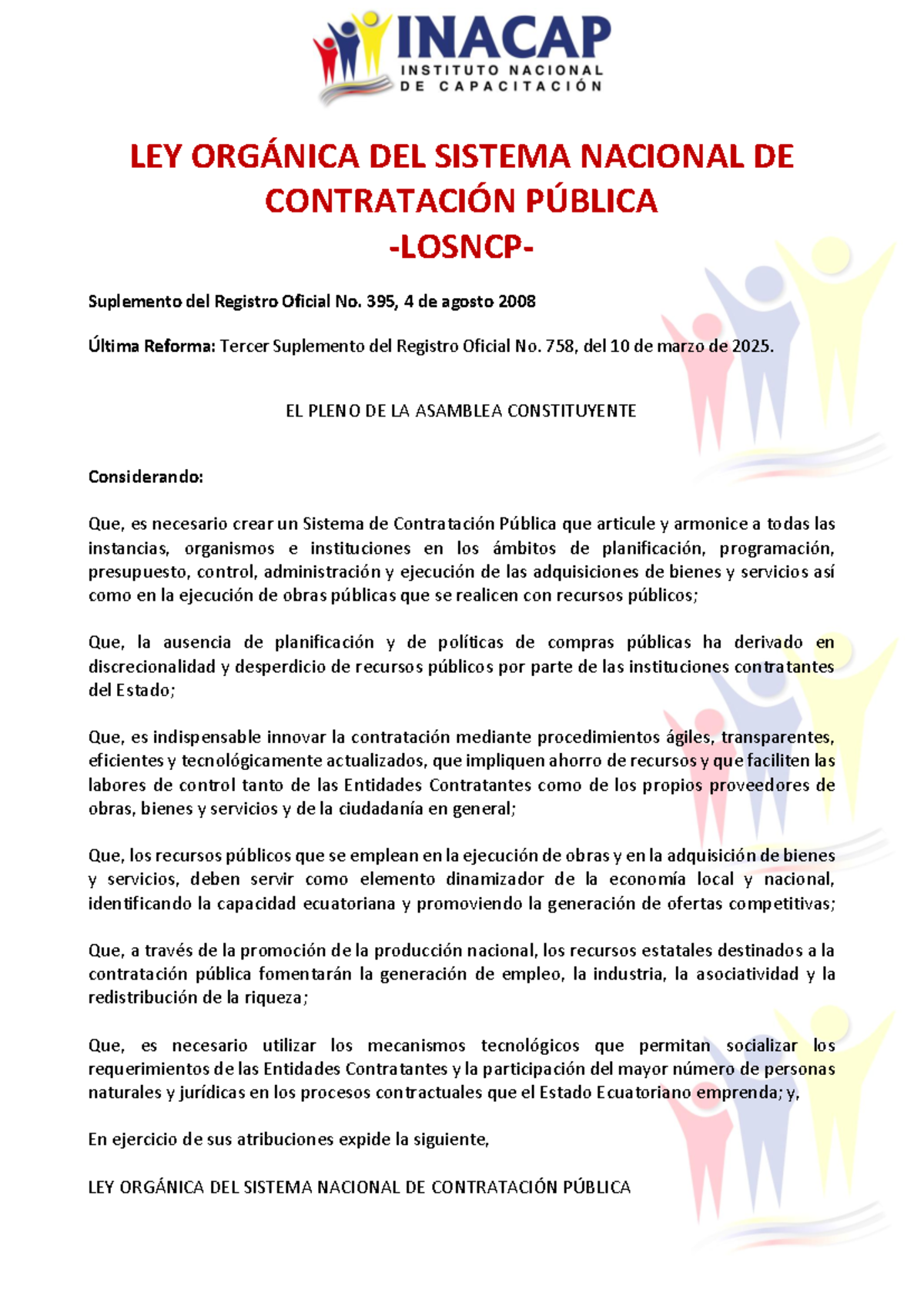 Ley Orgánica del Sistema Nacional de Contratación Pública - LOSNCP (Marzo 2025) - Studocu