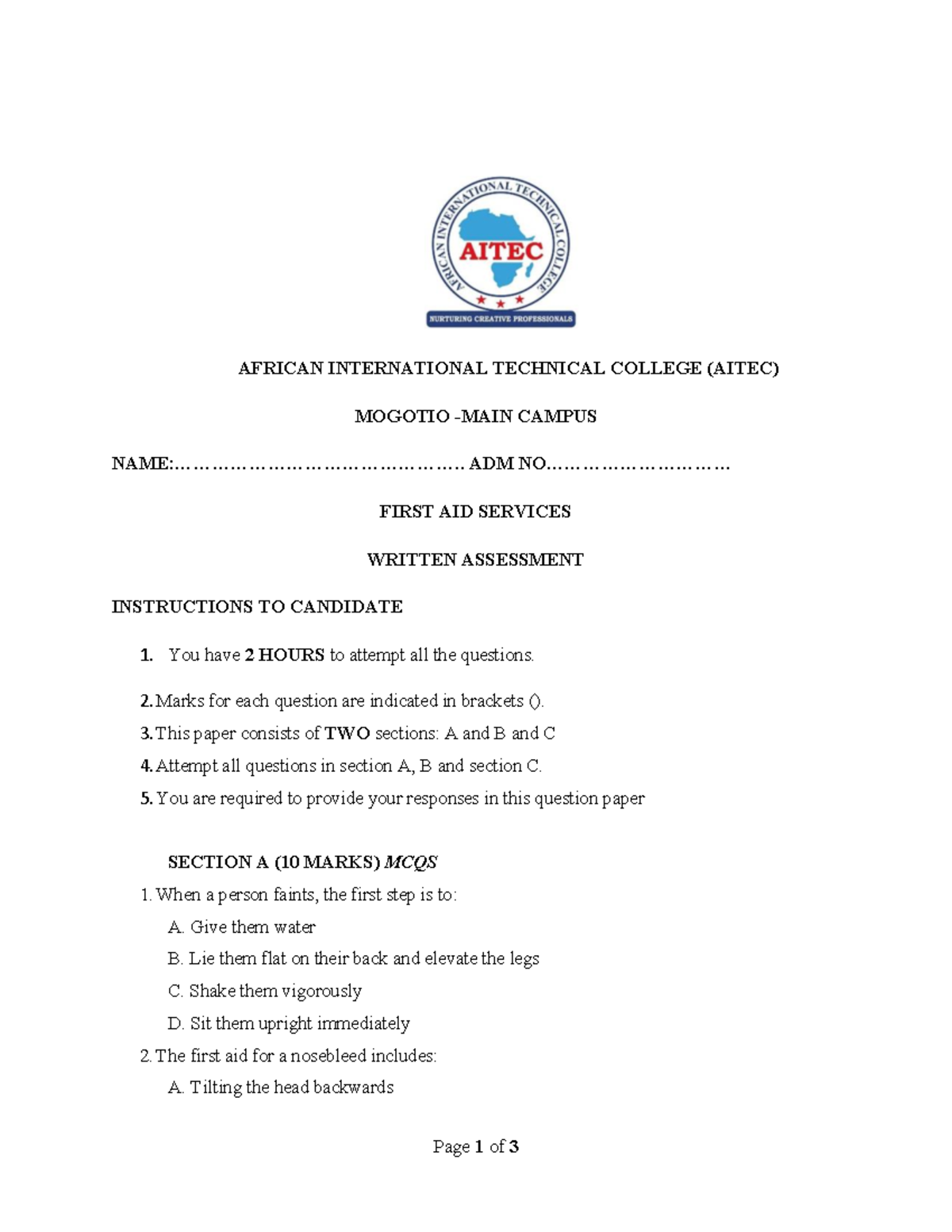 AITEC Mogotio Campus ADM First Aid Services Assessment Guide - Studocu