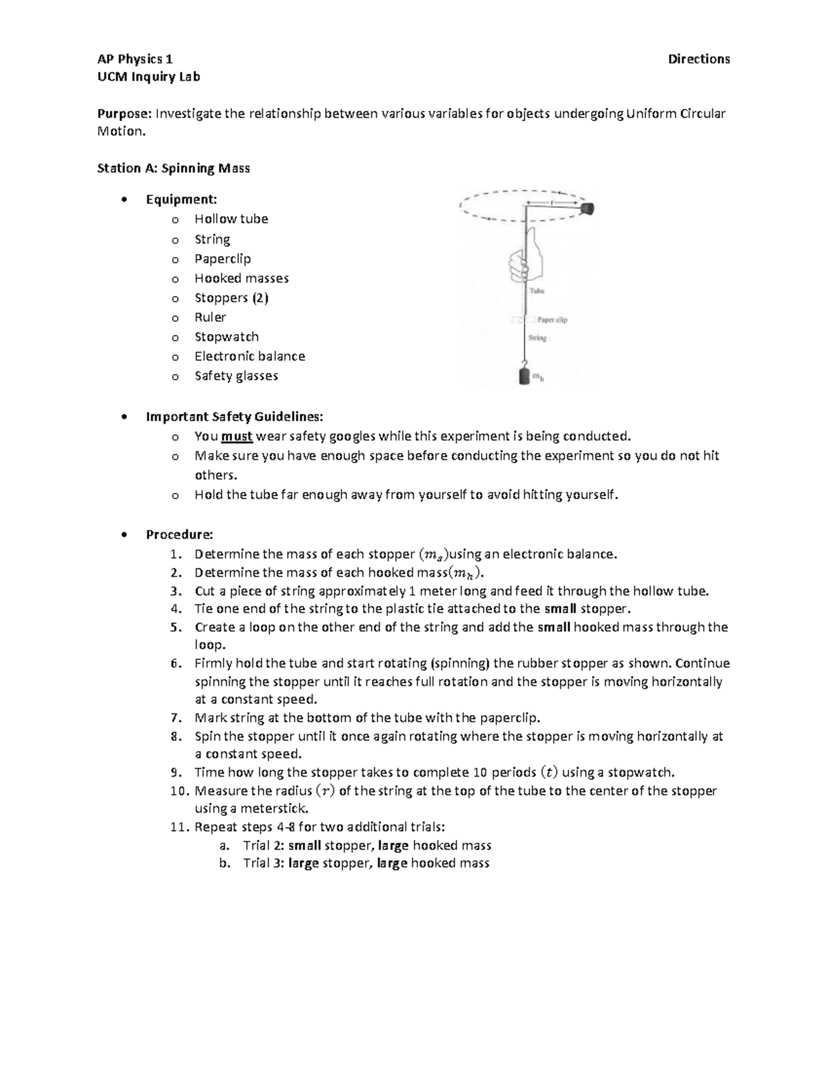 Uniform Circular Motion - Inquiry Lab Directions (2022) - AP Physics 1 ...