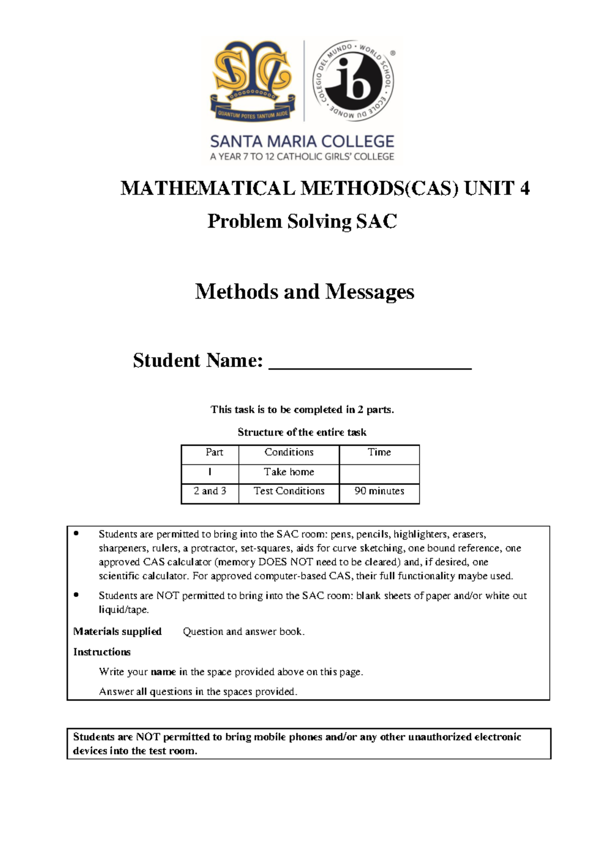 Mathematical Methods (CAS) Unit 4 SAC Problem Solving Guide - Studocu