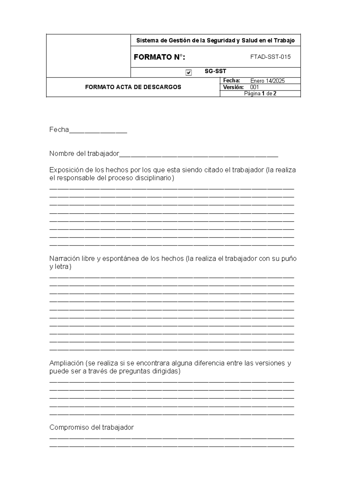 Formato de Acta de Descargos en Seguridad y Salud Laboral - Studocu