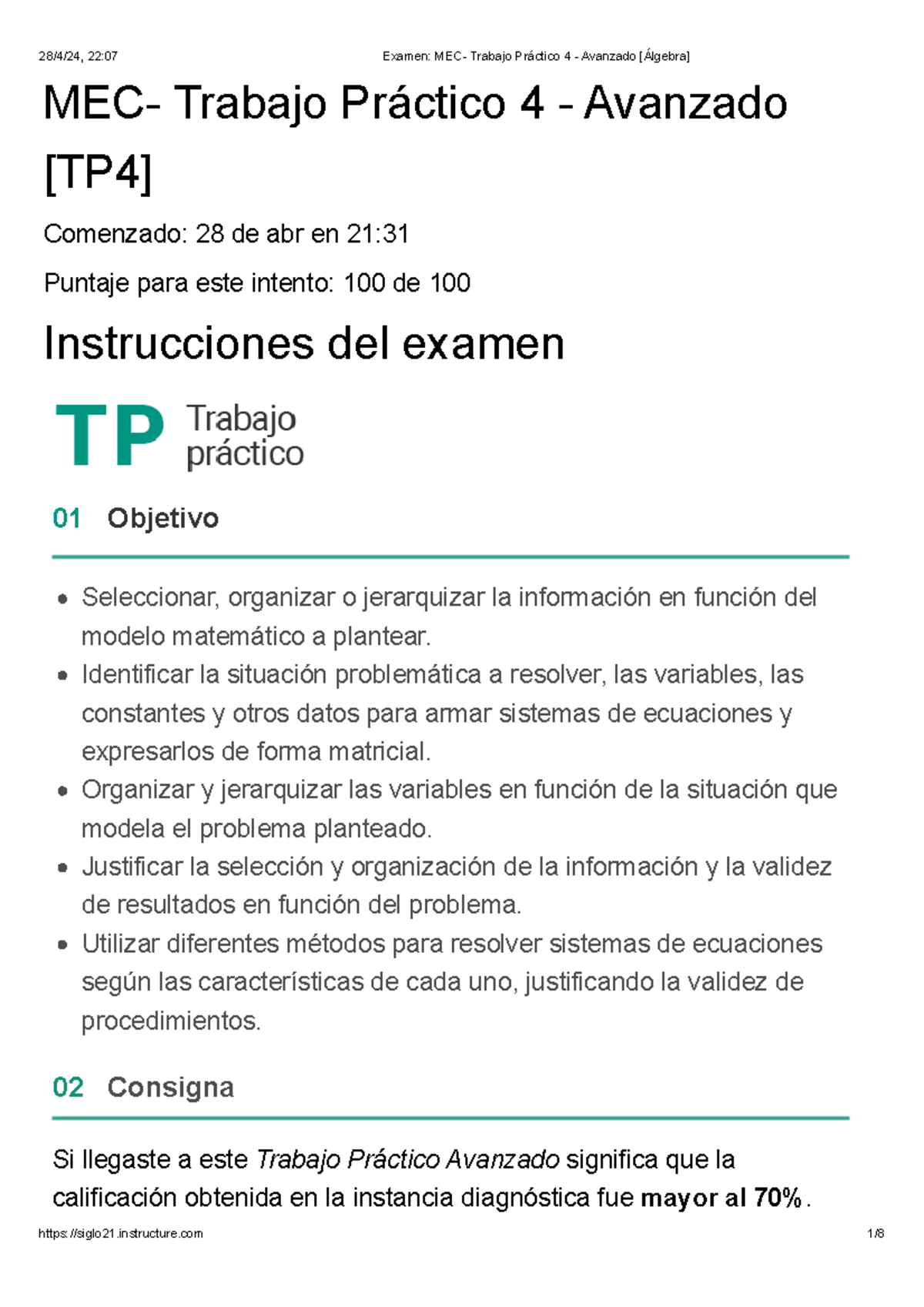 TP4 - Trabajo Práctico Avanzado 100pts en Álgebra - Studocu