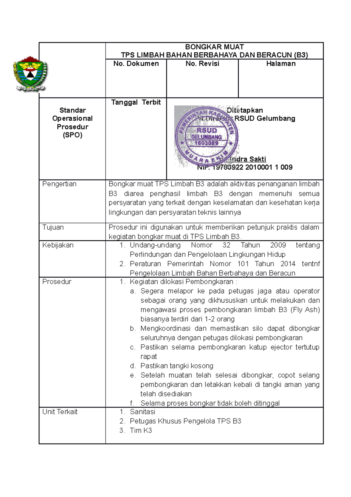 SPO Prosedur Bongkar Muat Limbah B3 - RSUD Gelumbang - Studocu