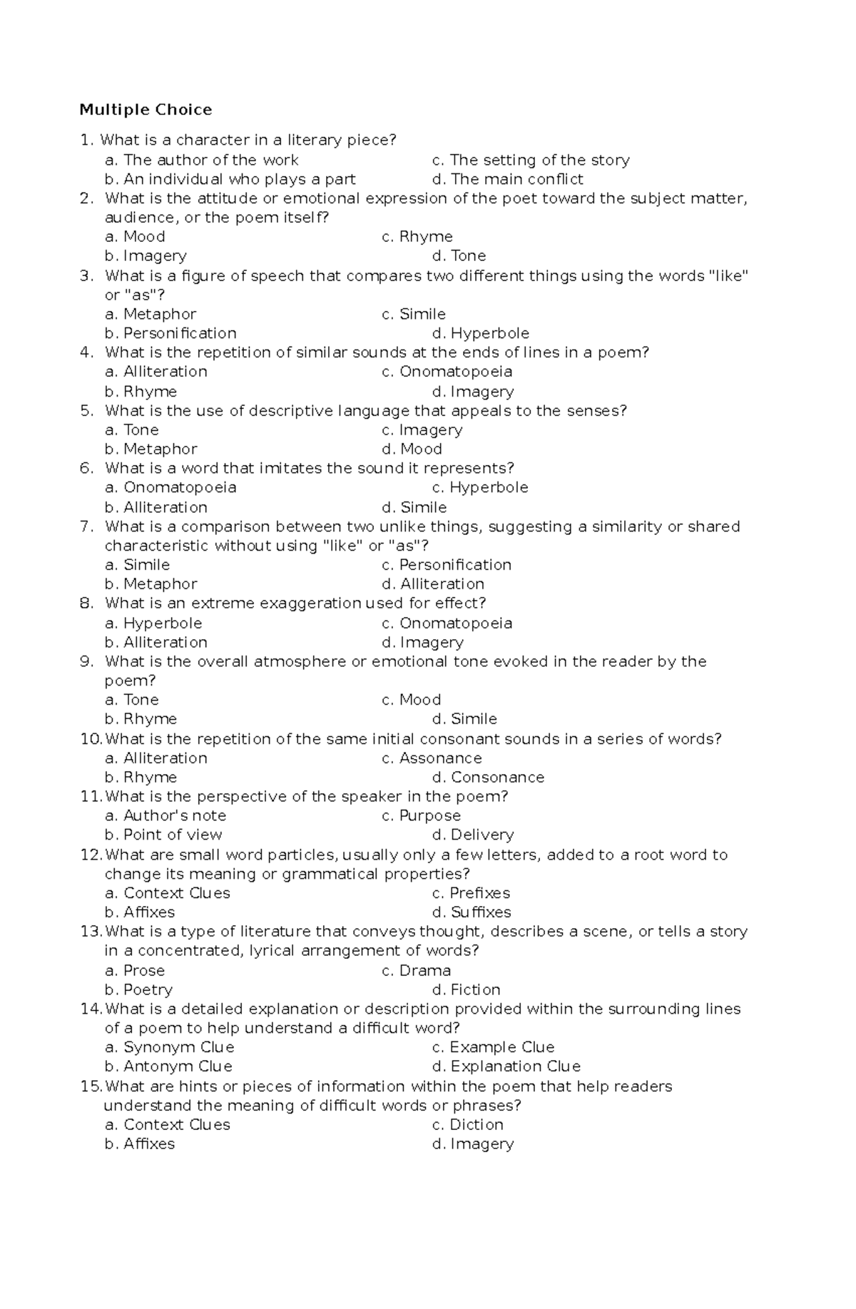 LONG TEST Q1 - Literary Devices and Poetic Elements - Studocu