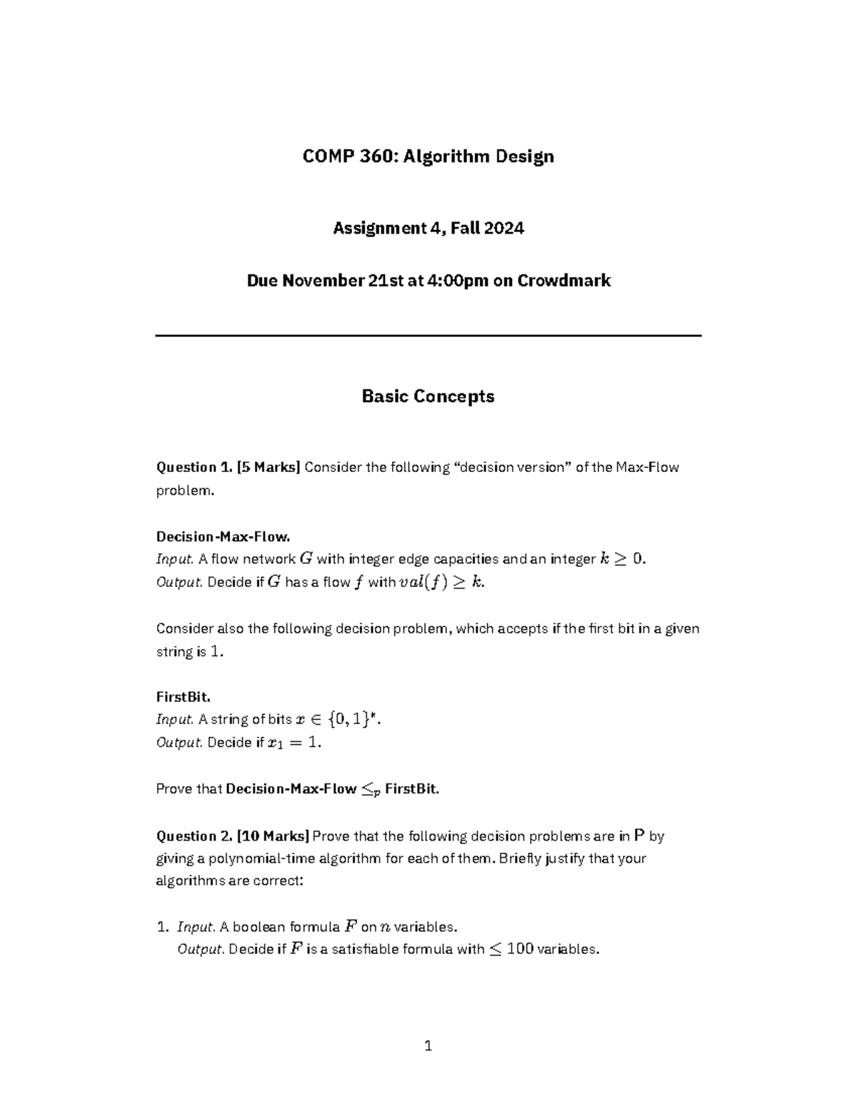 Assignment 4 - Posted - COMP 360: Algorithm Design Assignment 4, Fall ...
