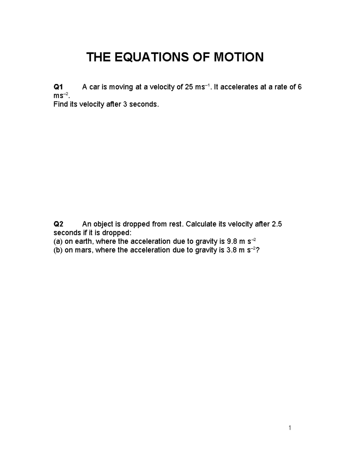 Equations of Motion - Mechanics Unit 2 Exam Questions - Studocu