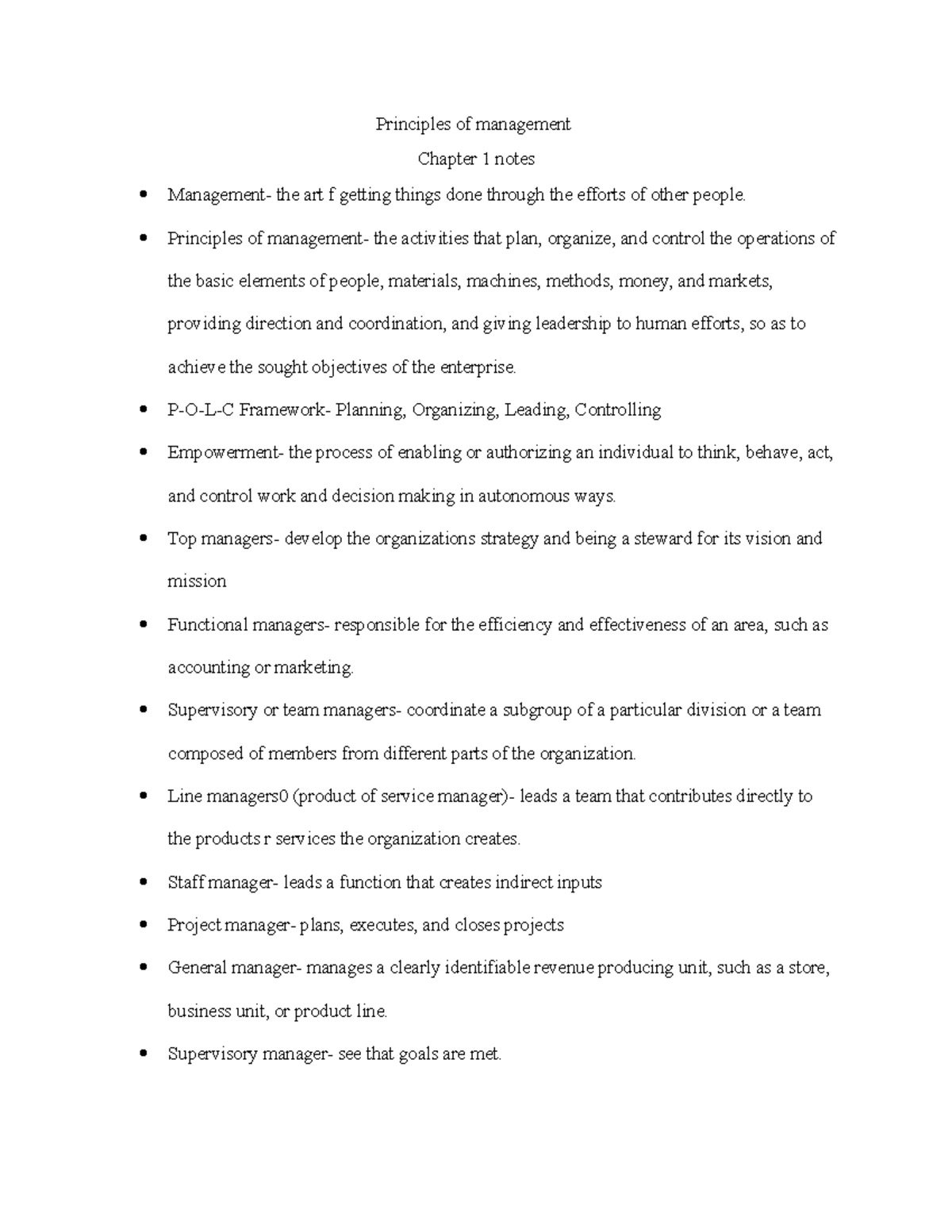 Chapter 1 notes - Principles of management Chapter 1 notes Management ...