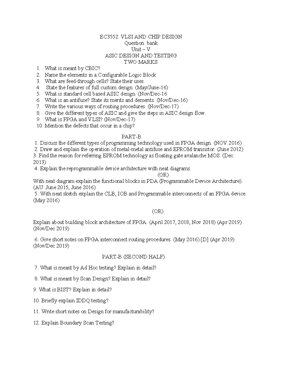EC3552 VLSI AND CHIP DESIGN Question Bank - Unit V: ASIC Design ...