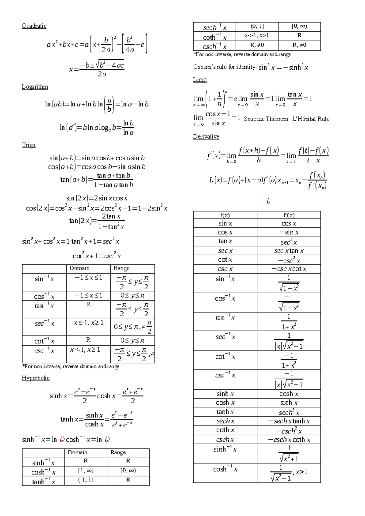 Finals Cheatsheet: Quadratic Functions and Trigonometric Identities ...