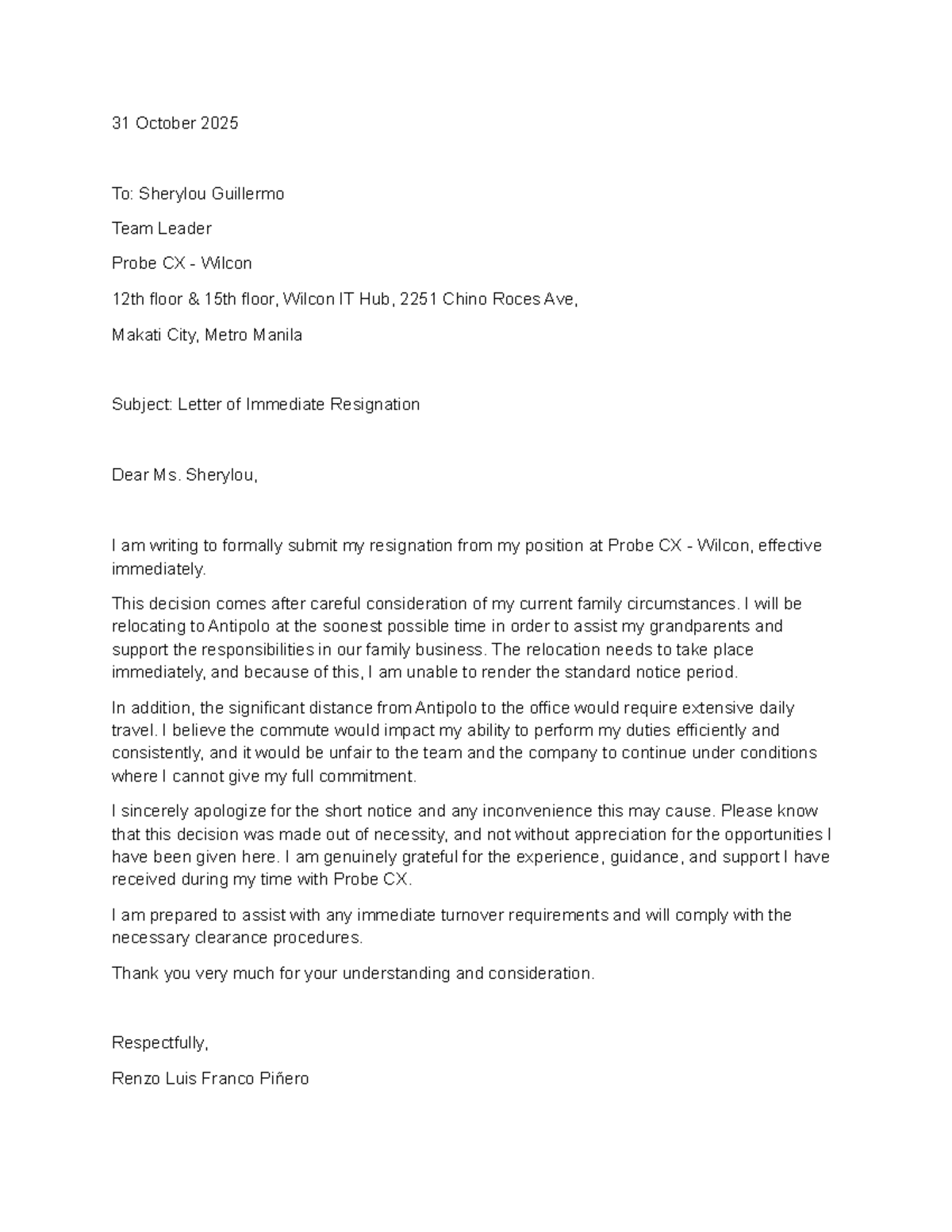 Letter of Immediate Resignation - Renzo Luis Franco Piñero - Studocu