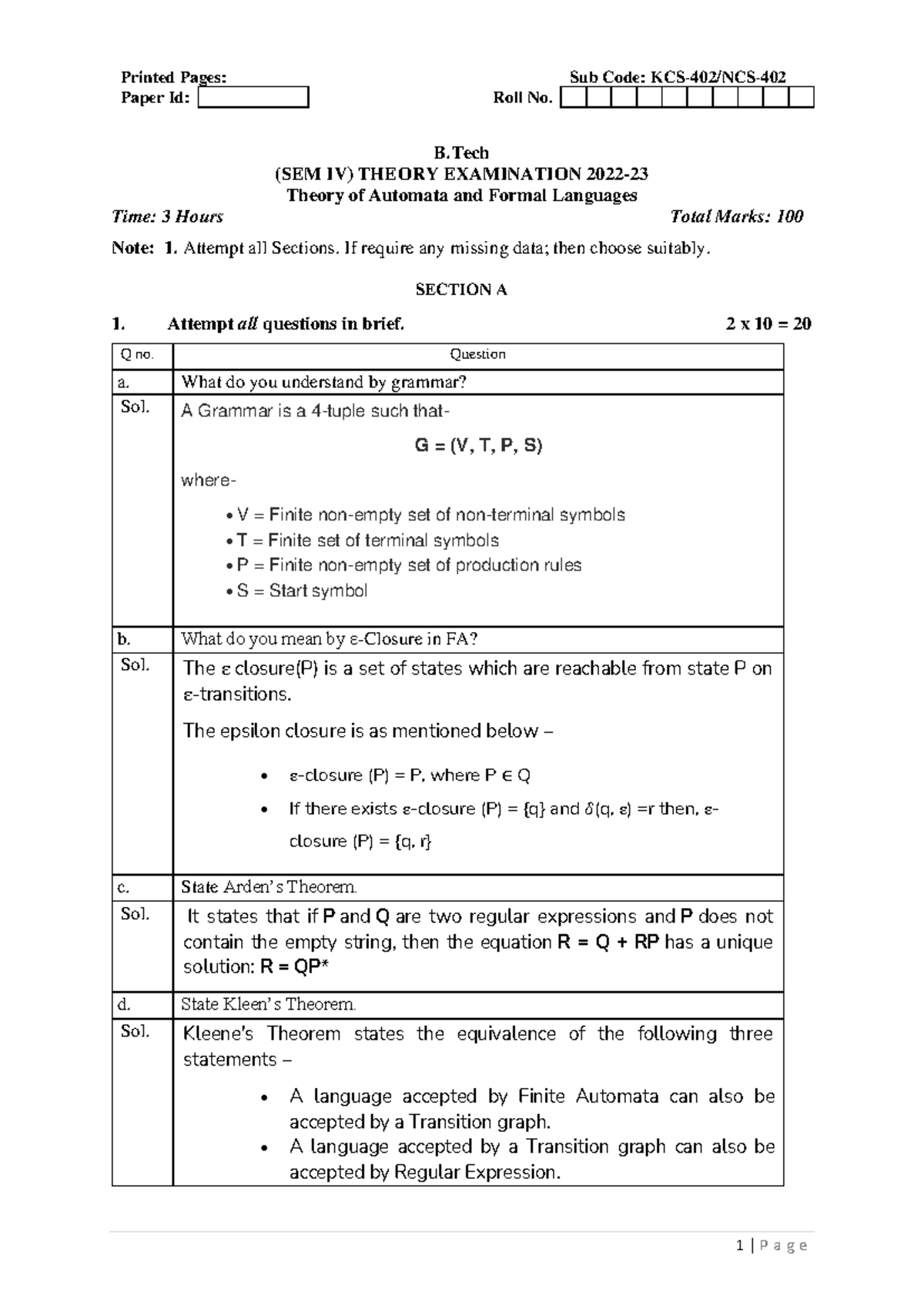 AKTU TAFL 2022-23 KCS-402 Theory of Automata Exam Solutions - Studocu