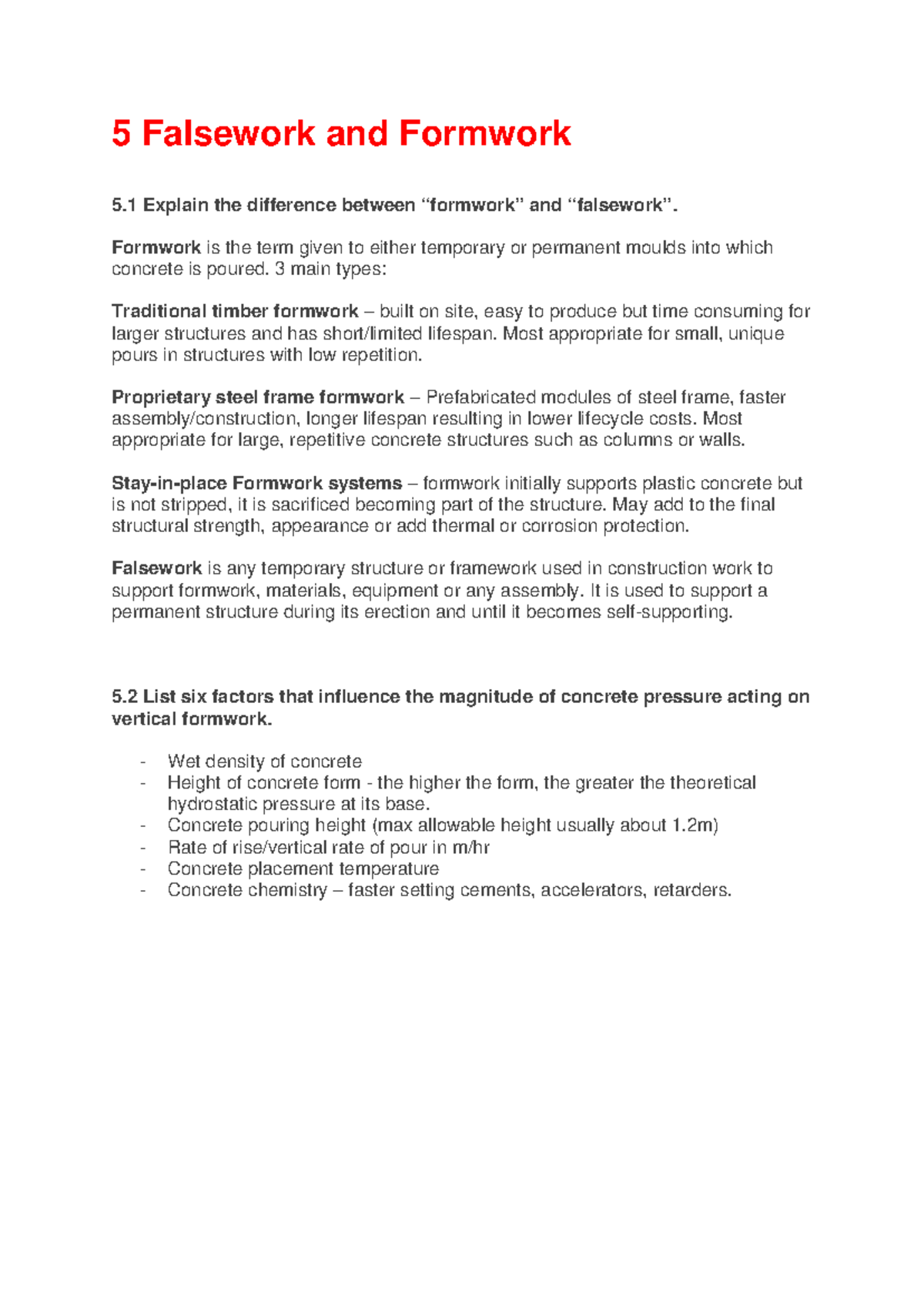 Final exam Study Guide - 5 Falsework and Formwork 5 Explain the ...